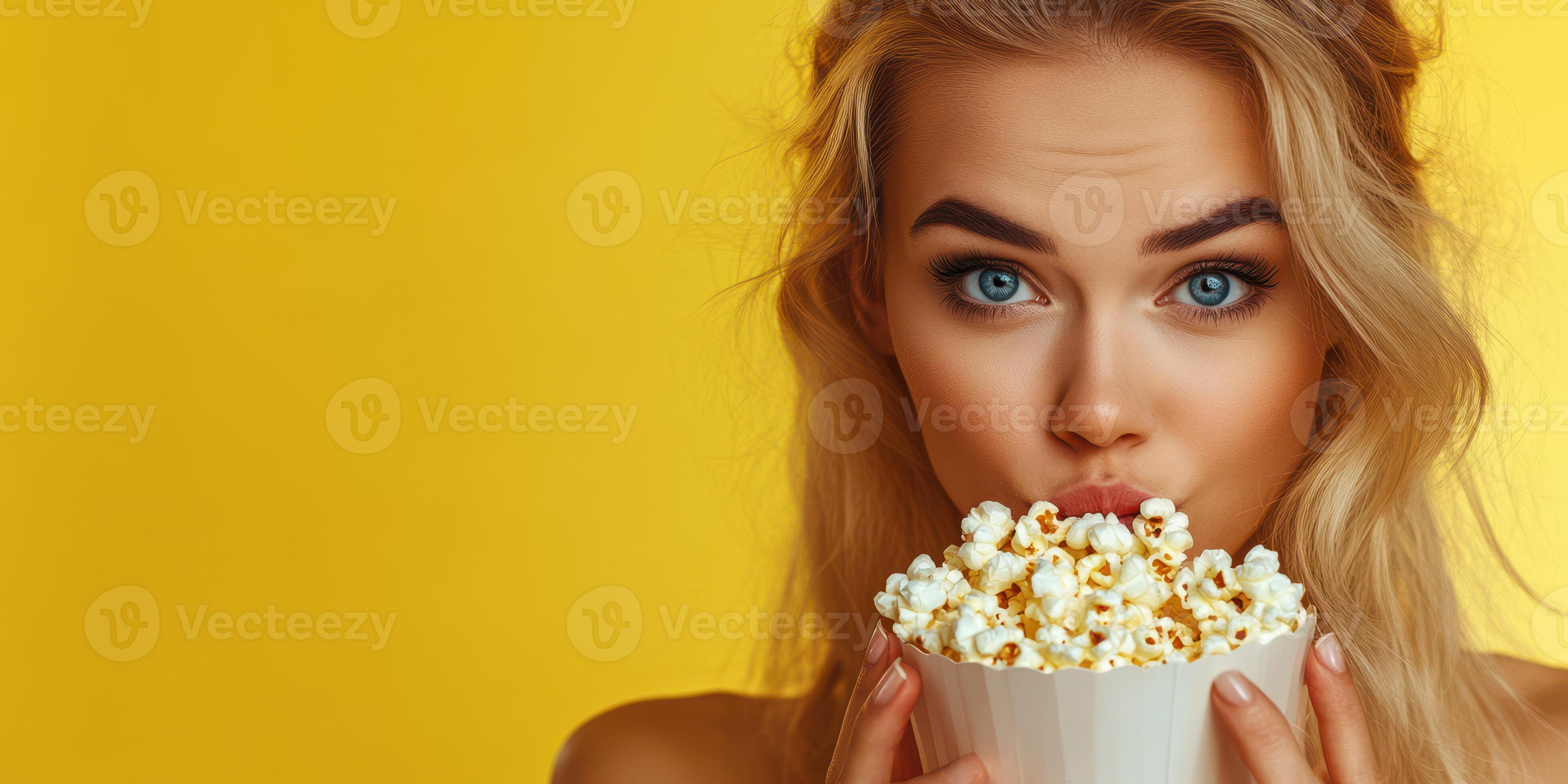 Young woman holds a bowl of popcorn against a bright yellow background while making a playful ...