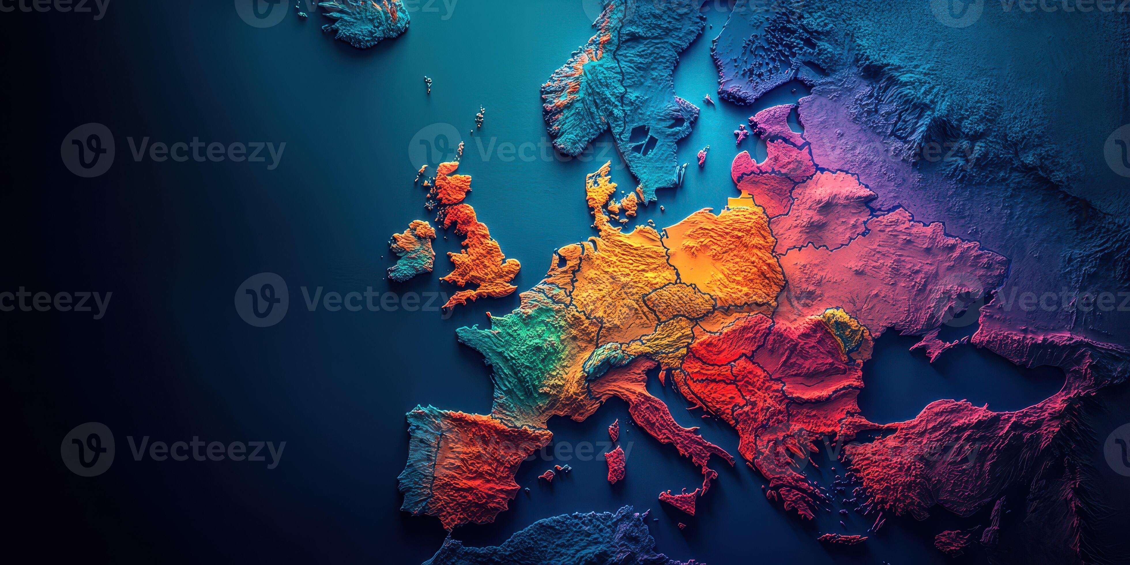 Colorful topographic map of Europe highlighting geographical features and boundaries in a ...