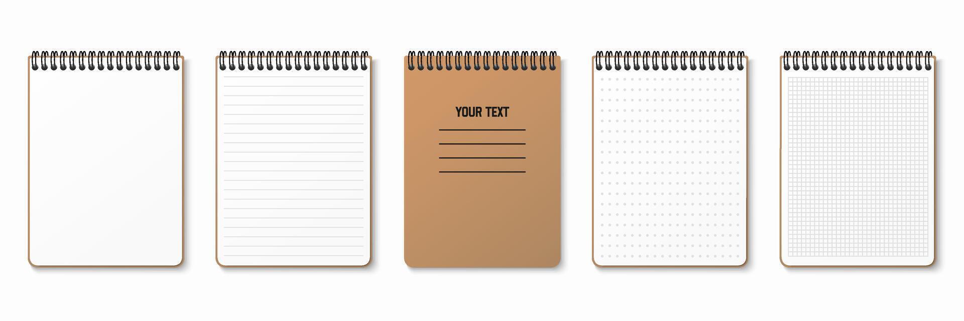 Lined, gridded and dotted sheets. Realistic notepad. Blank sheets of notebook with grid for ...