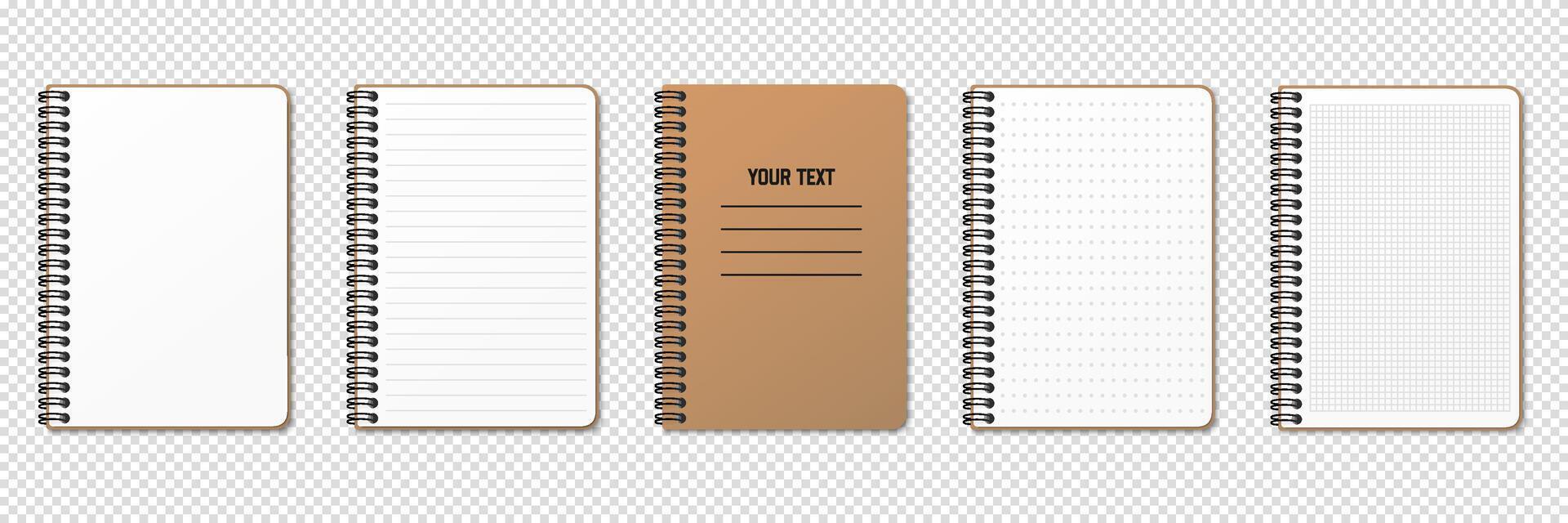 Realistic notepad. Lined, gridded and dotted sheets. Blank sheets of notebook with grid for ...