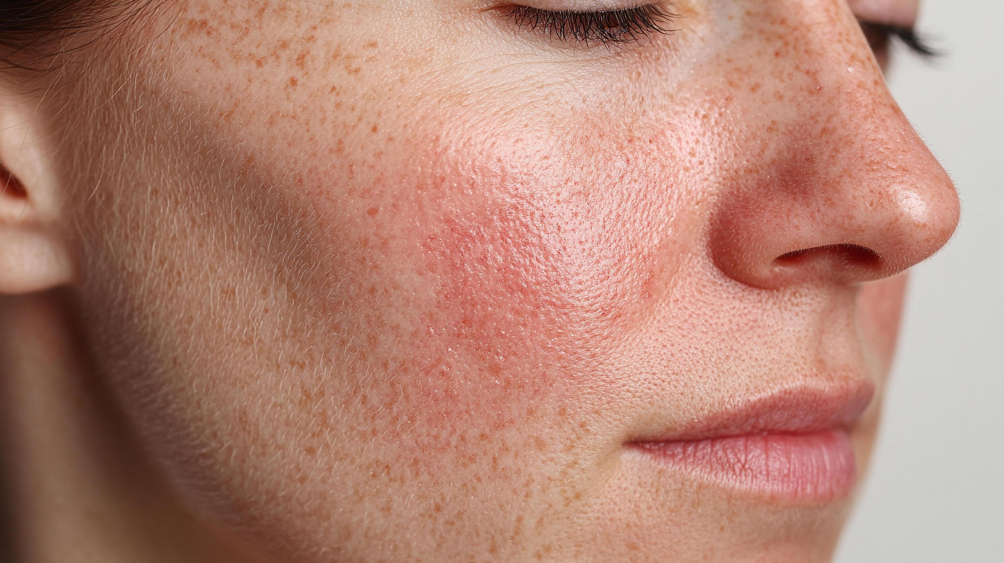 Close-up of a woman's face showing rosacea, a common skin condition causing redness and visible ...