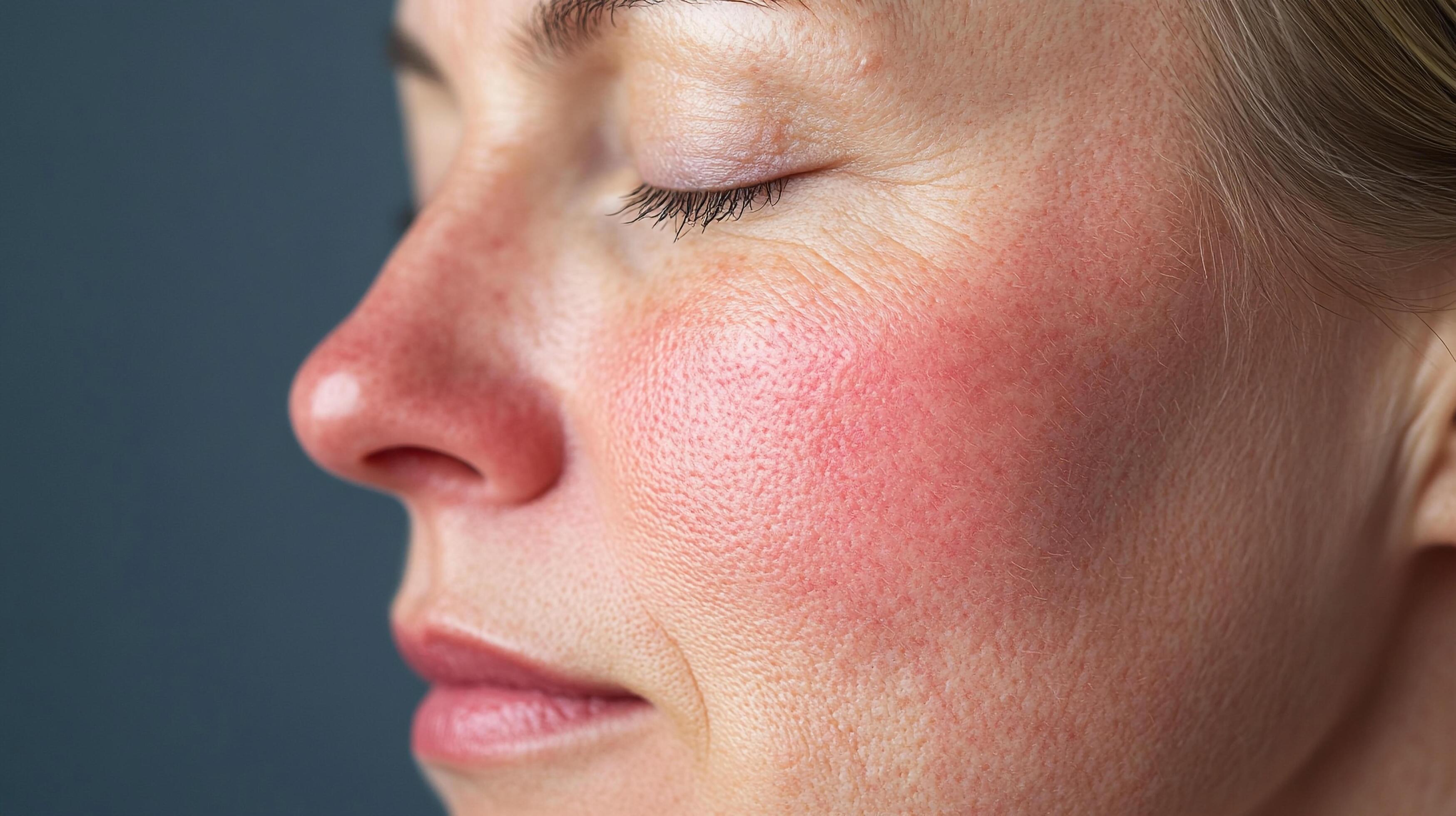 Close-up of woman's face with reddened cheeks, showcasing skin texture and potential sensitivity ...