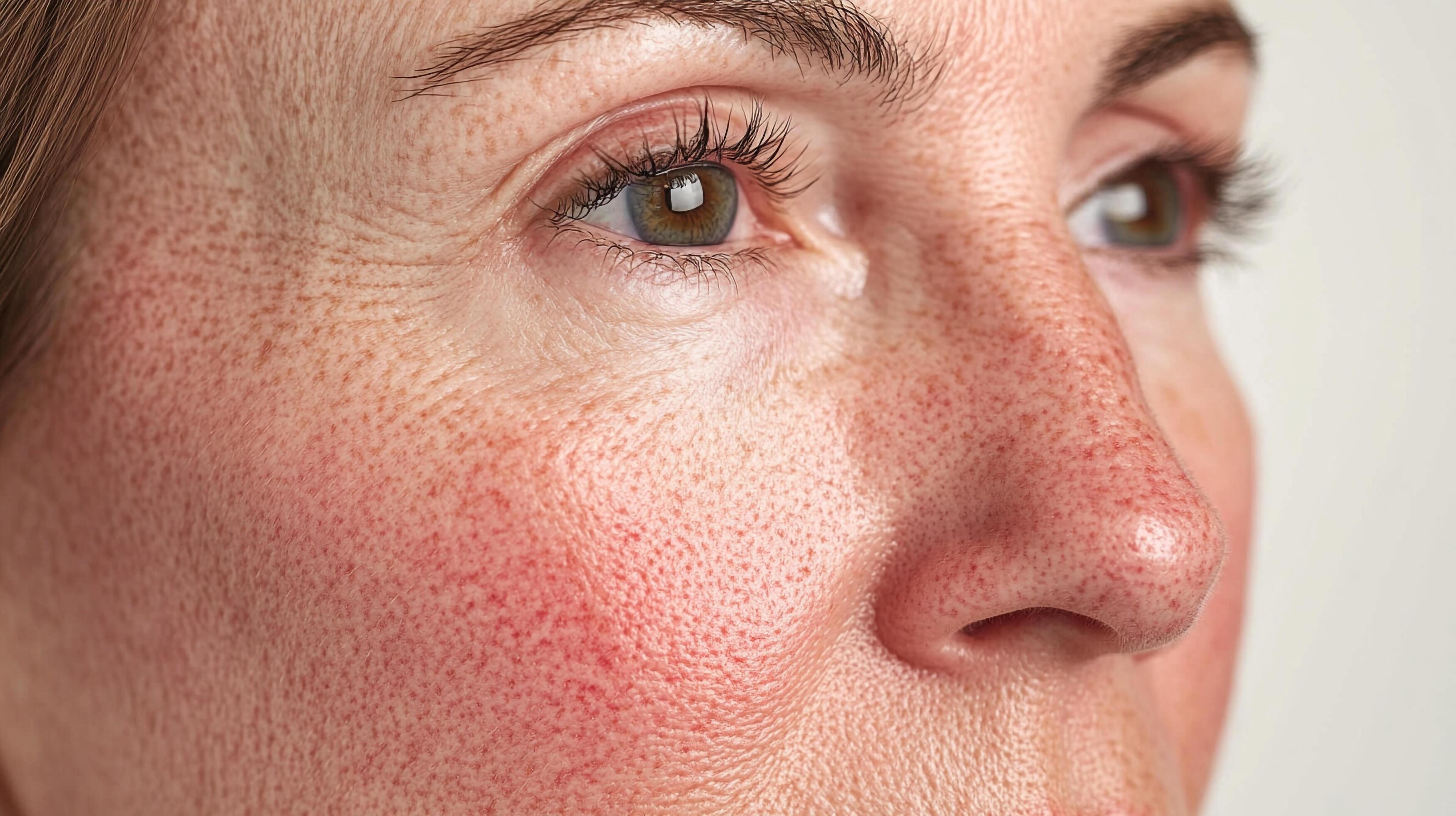 Close-up of a woman's face showing rosacea symptoms, including redness and visible blood vessels ...