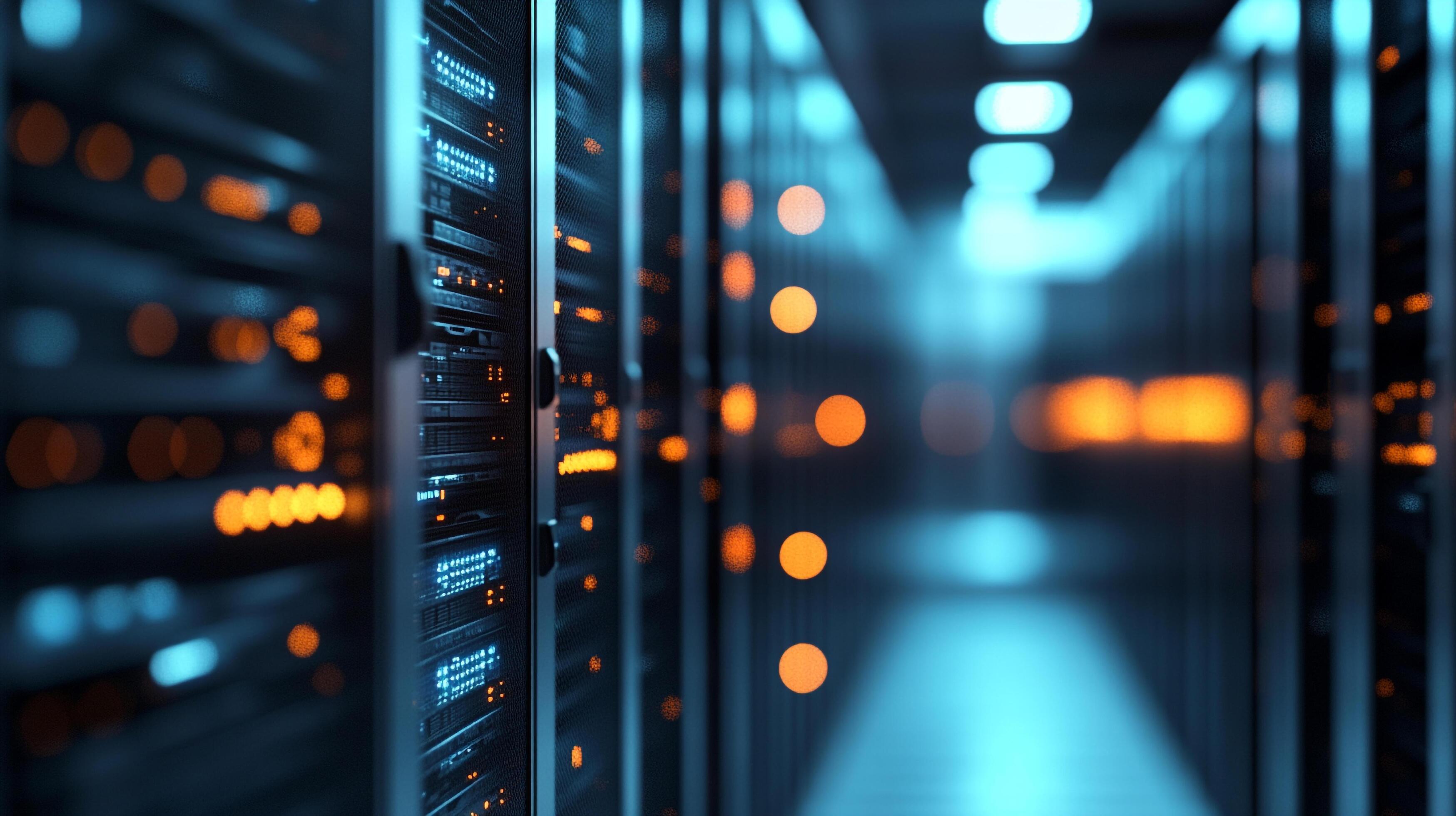 Data center with rows of servers and blinking lights shows the storage and processing of digital ...