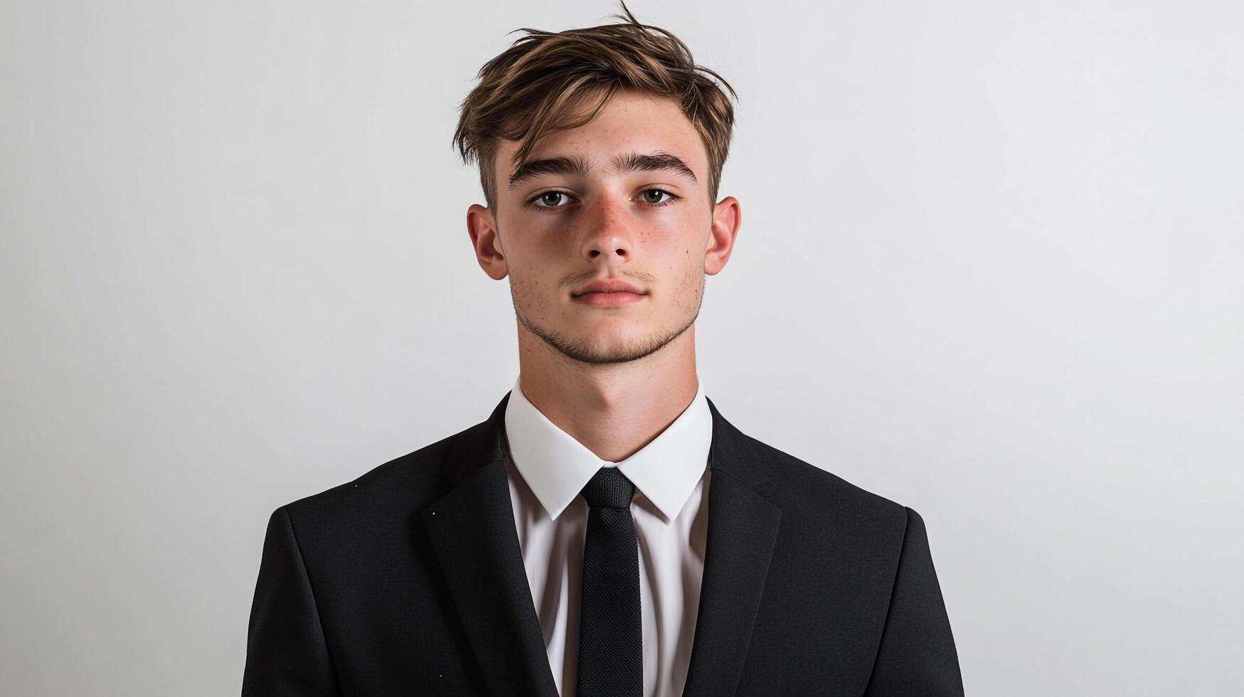Young man poses in a stylish black suit, white shirt, and tie against a ...