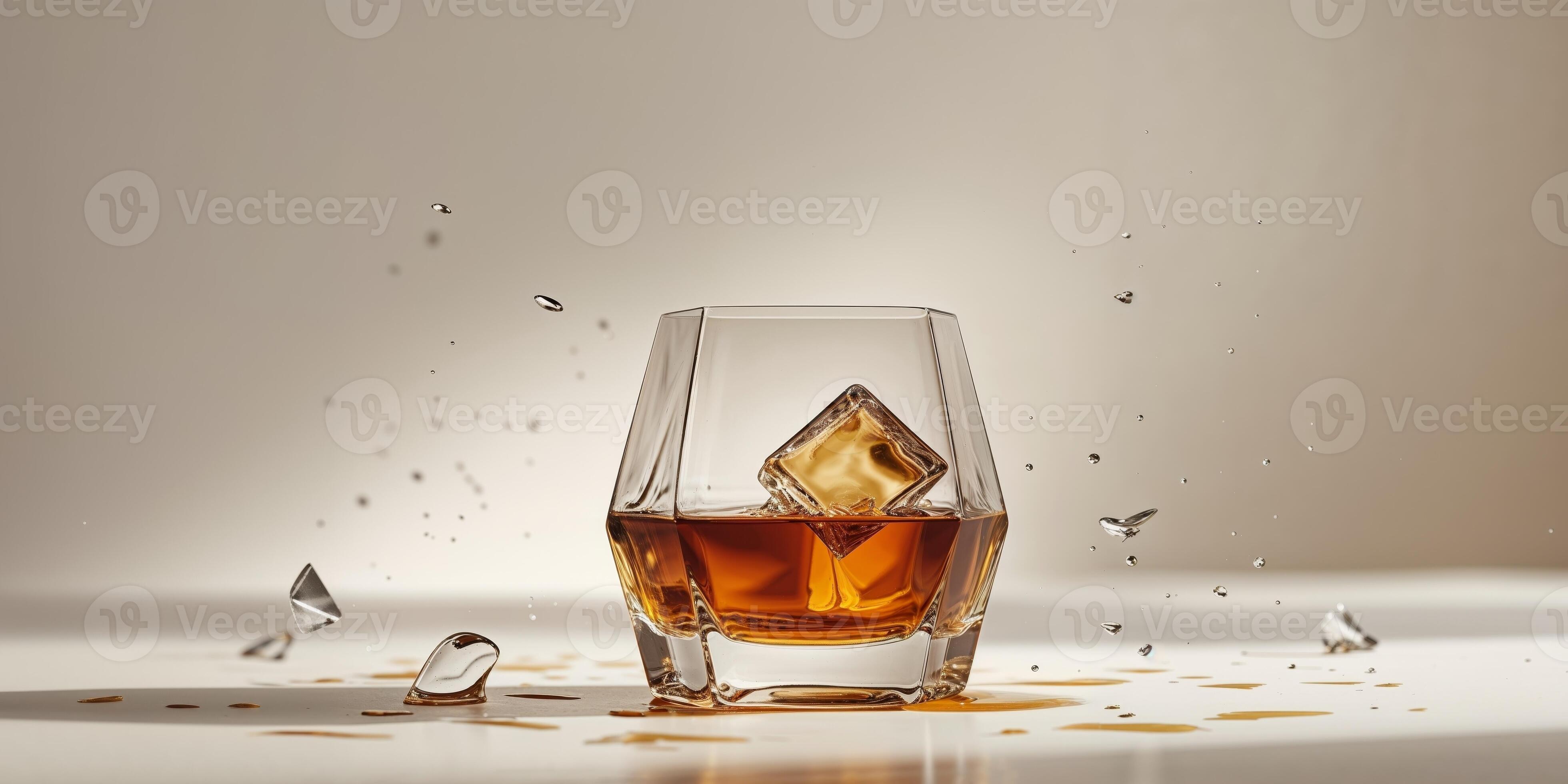 Hexagonal Glass Of Whiskey With Ice And Splashes From An Abandoned And Falling Ice Cube 57232038 ...