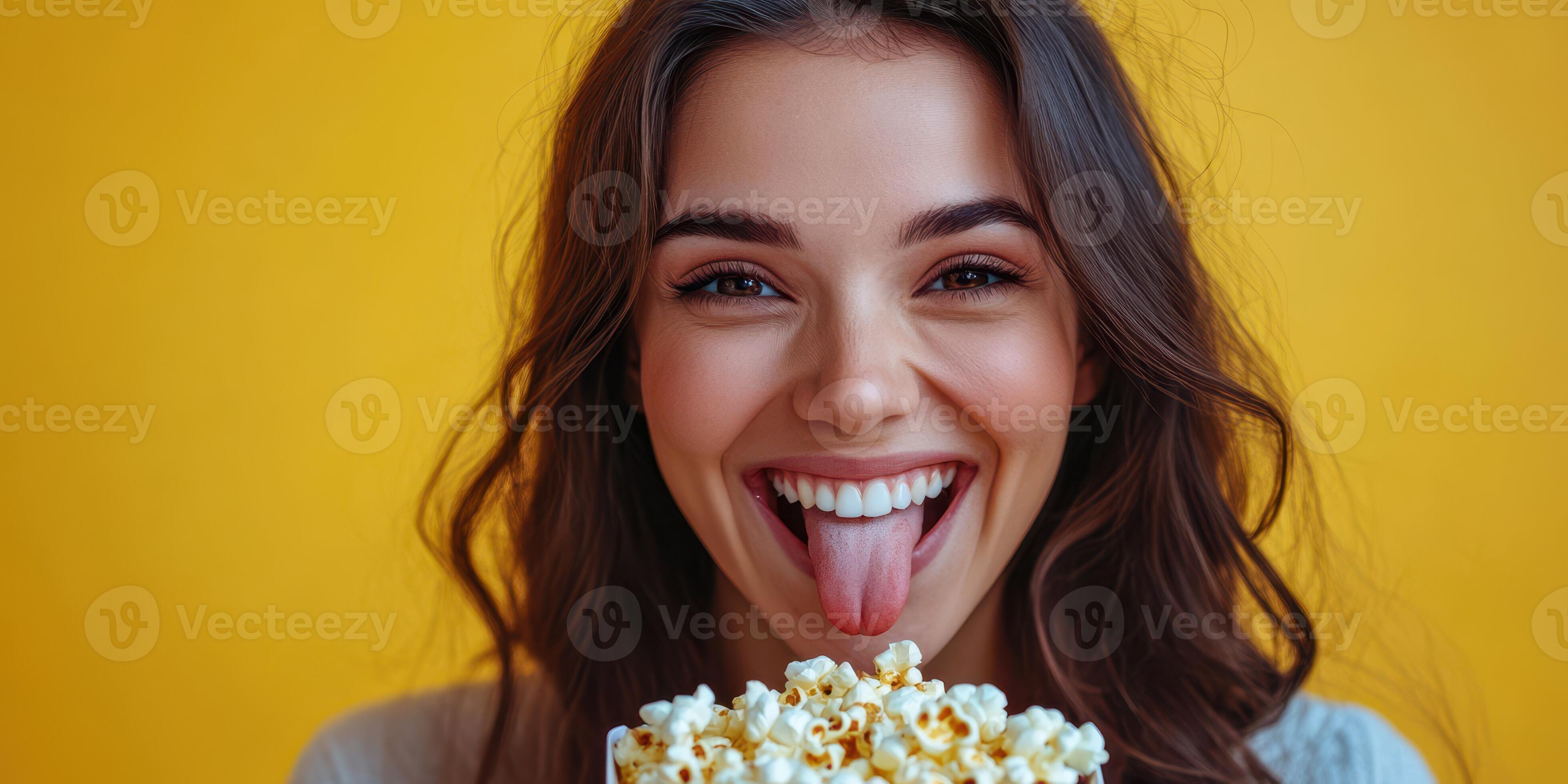 Young woman enjoying popcorn with a playful expression against a bright yellow background in a ...