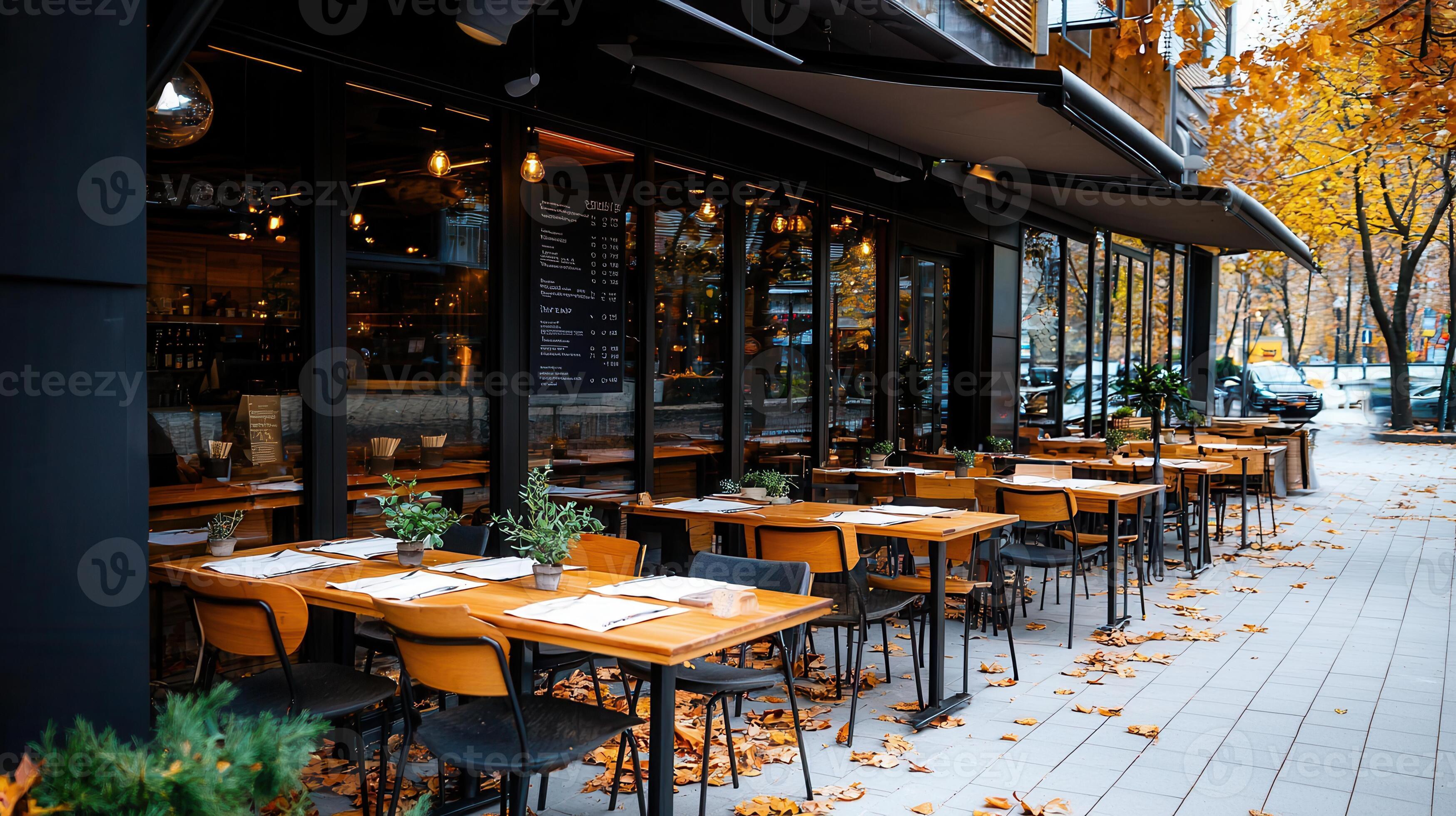 Autumn Outdoor Cafe Scene Tables Chairs Fall Leaves City Street 57255447 Stock Photo at Vecteezy