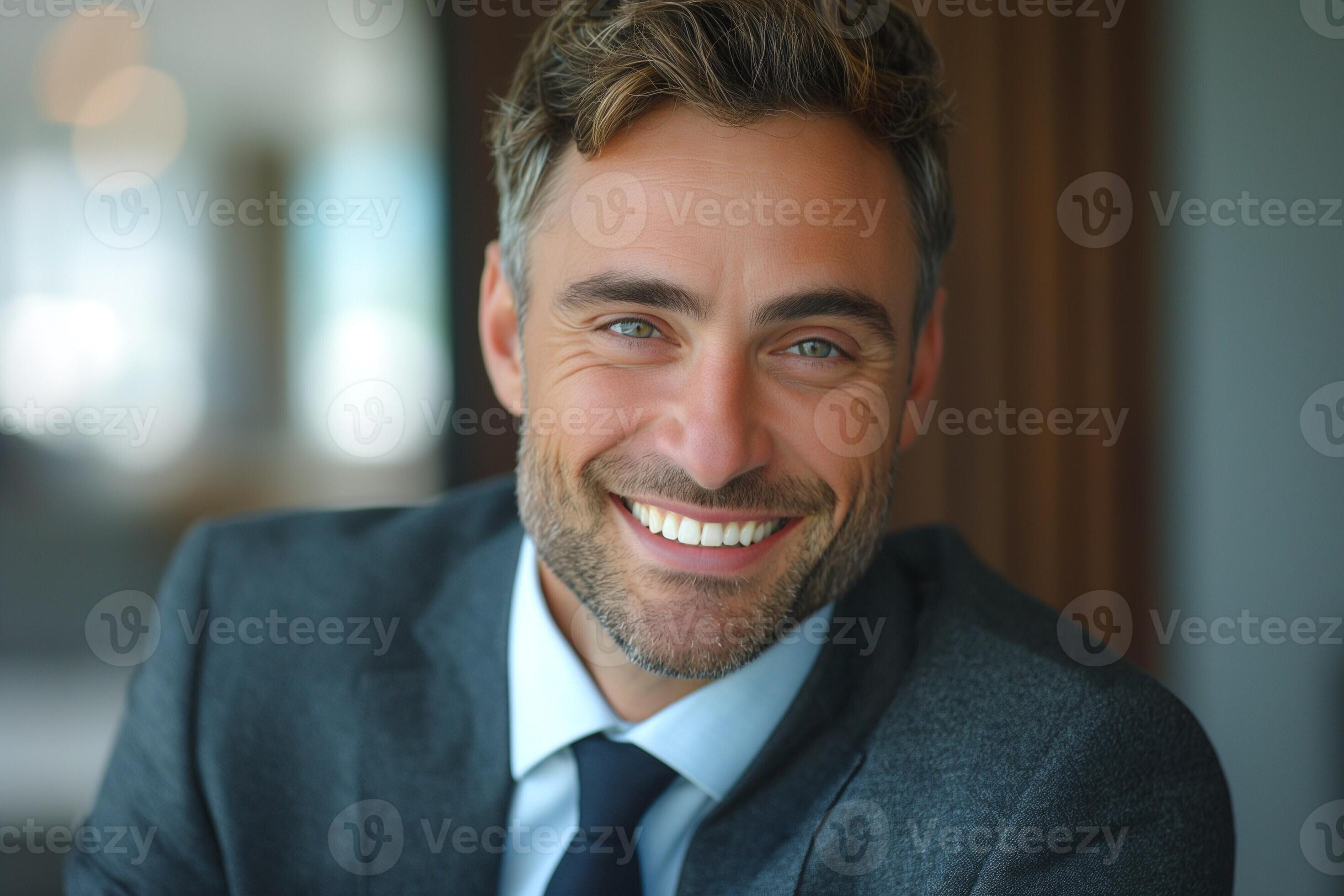 A cheerful Caucasian man in a gray suit smiles confidently, showcasing ...