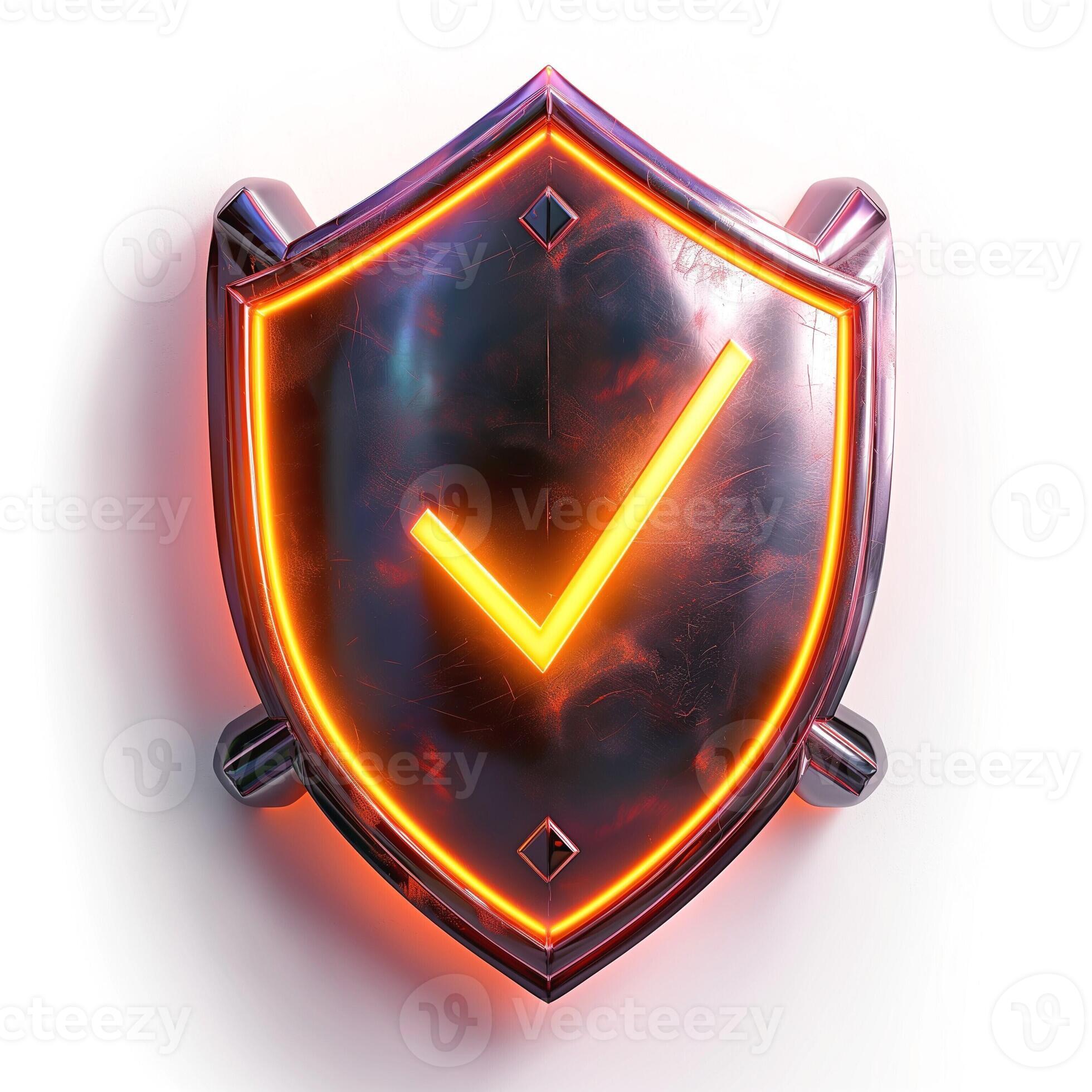 A vibrant neon shield with a glowing check mark symbol, representing security and trust ...