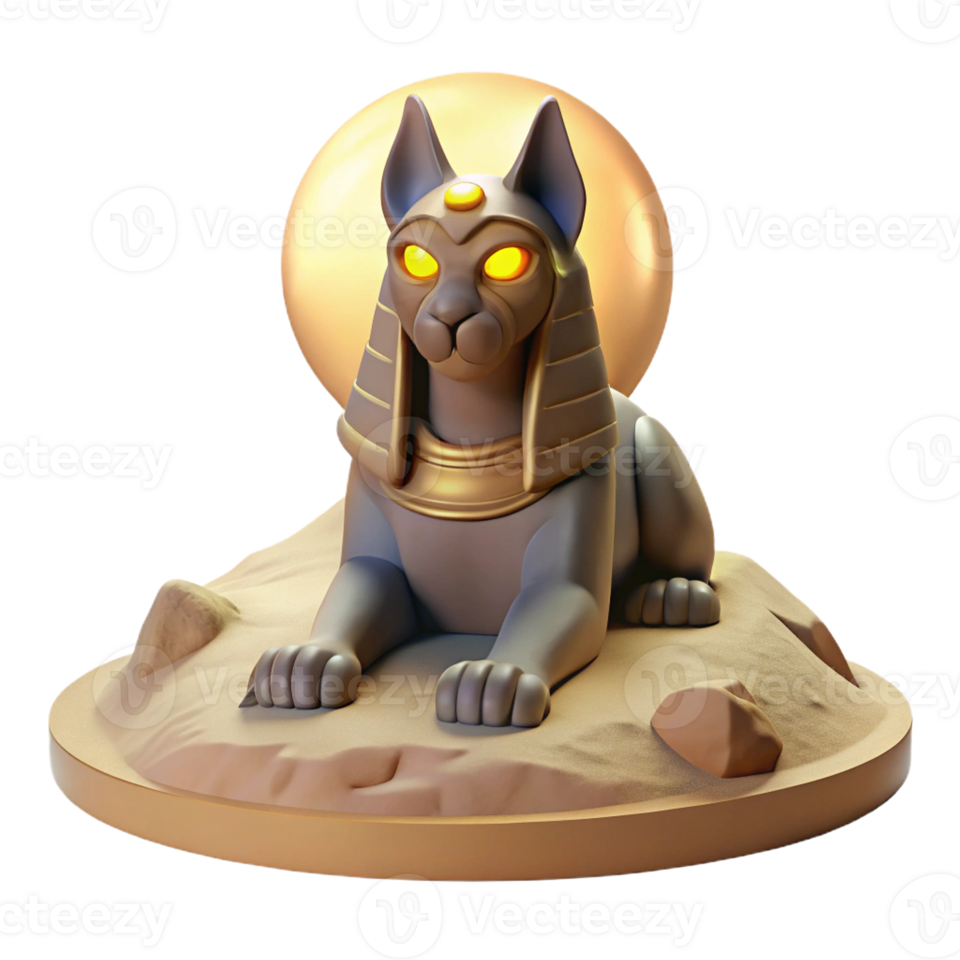 magnificent classic A mystical sphinx with glowing eyes perched atop a sand dune in a desert ...