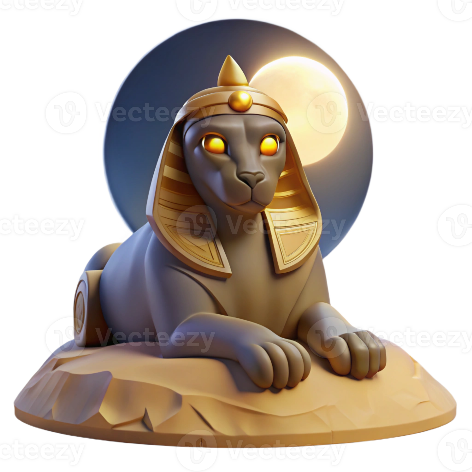 elegant rustic A mystical sphinx with glowing eyes perched atop a sand dune in a desert, bathed ...