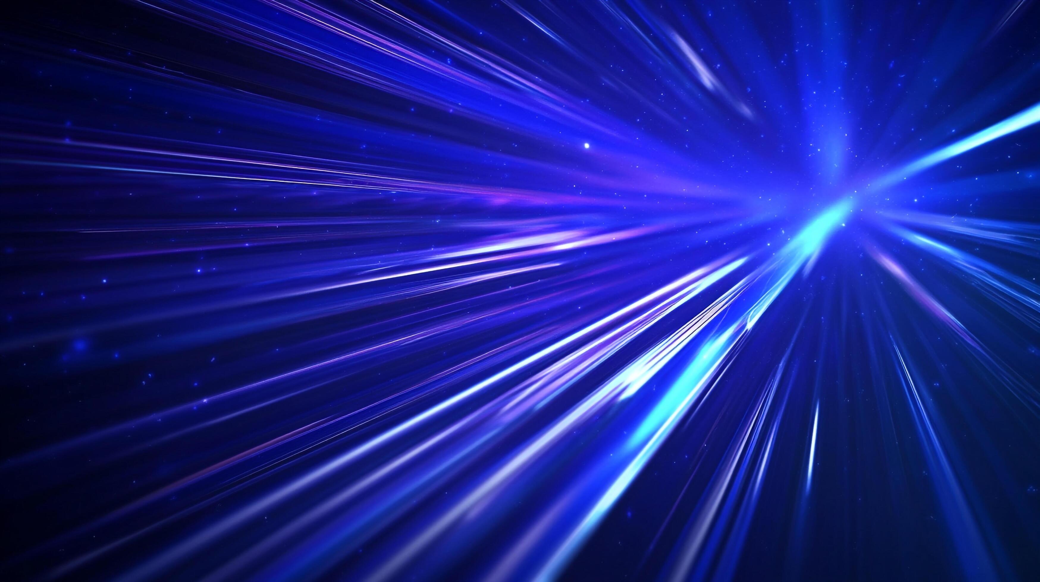 Abstract blue and purple light streaks emanating from a central point, creating a sense of speed ...