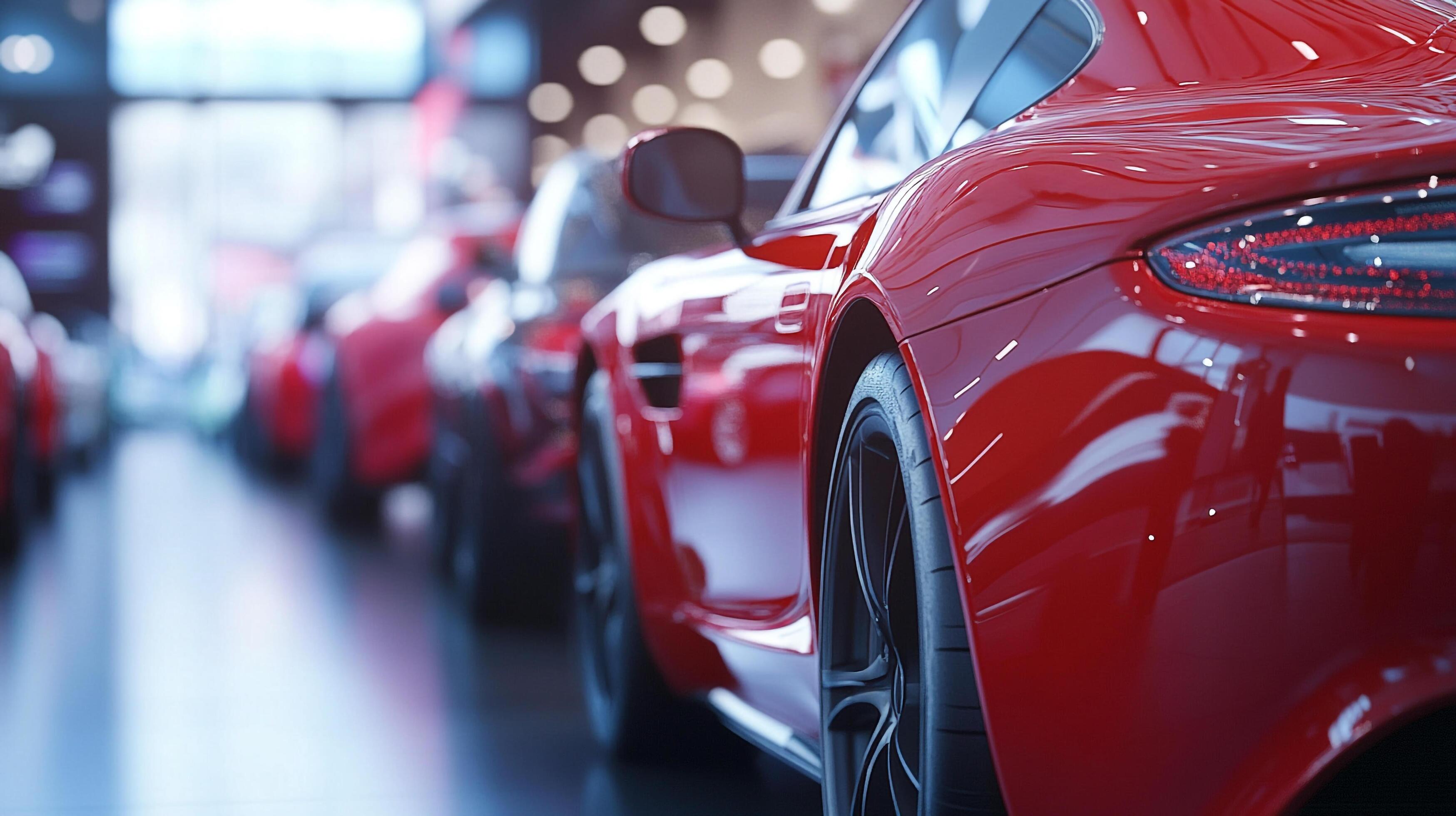 A row of red sports cars, lined up and gleaming under showroom lights, showcasing sleek designs ...