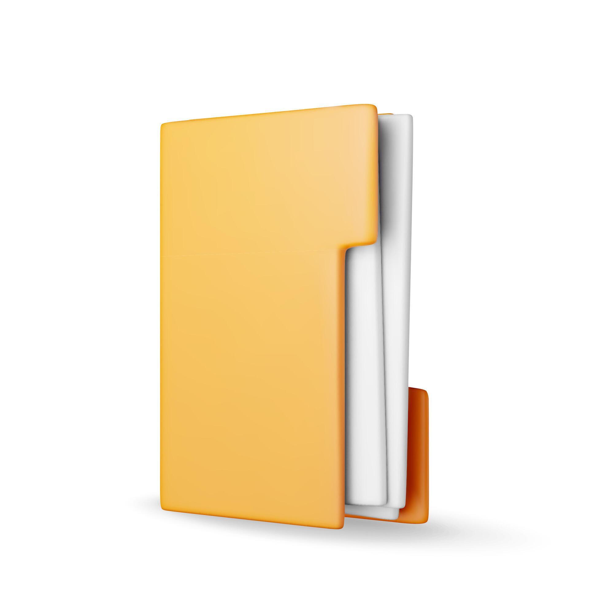 3D business folder full of papers isolated on white. Render yellow folder for correspondence ...