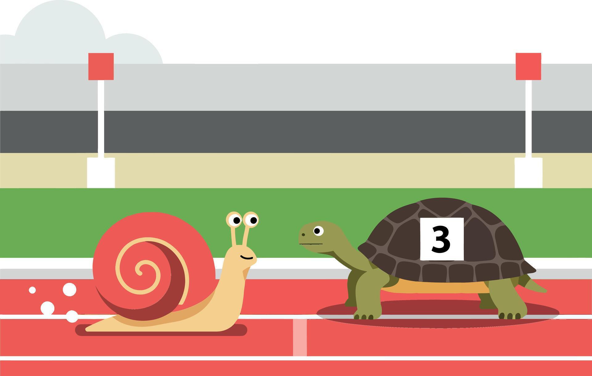 A cheerful snail and a determined turtle racing on a track in minimal ...