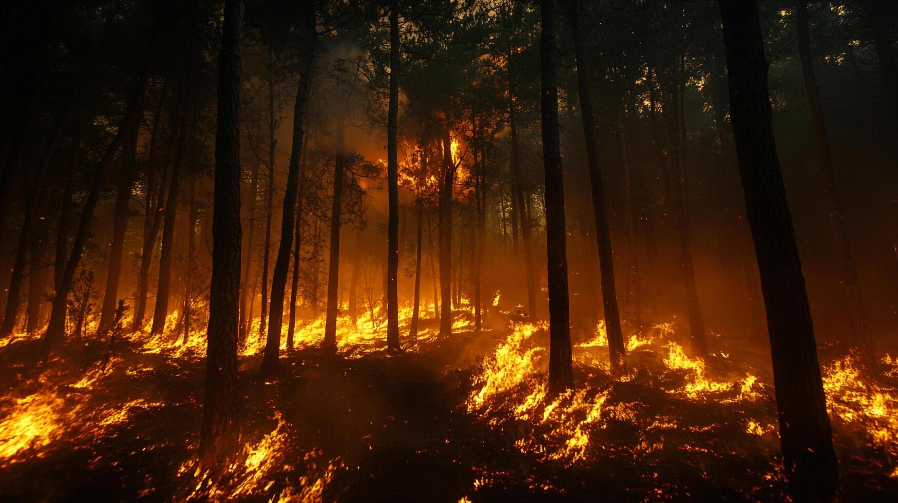 Intense wildfire engulfing a dense forest, with flames consuming the undergrowth and ...
