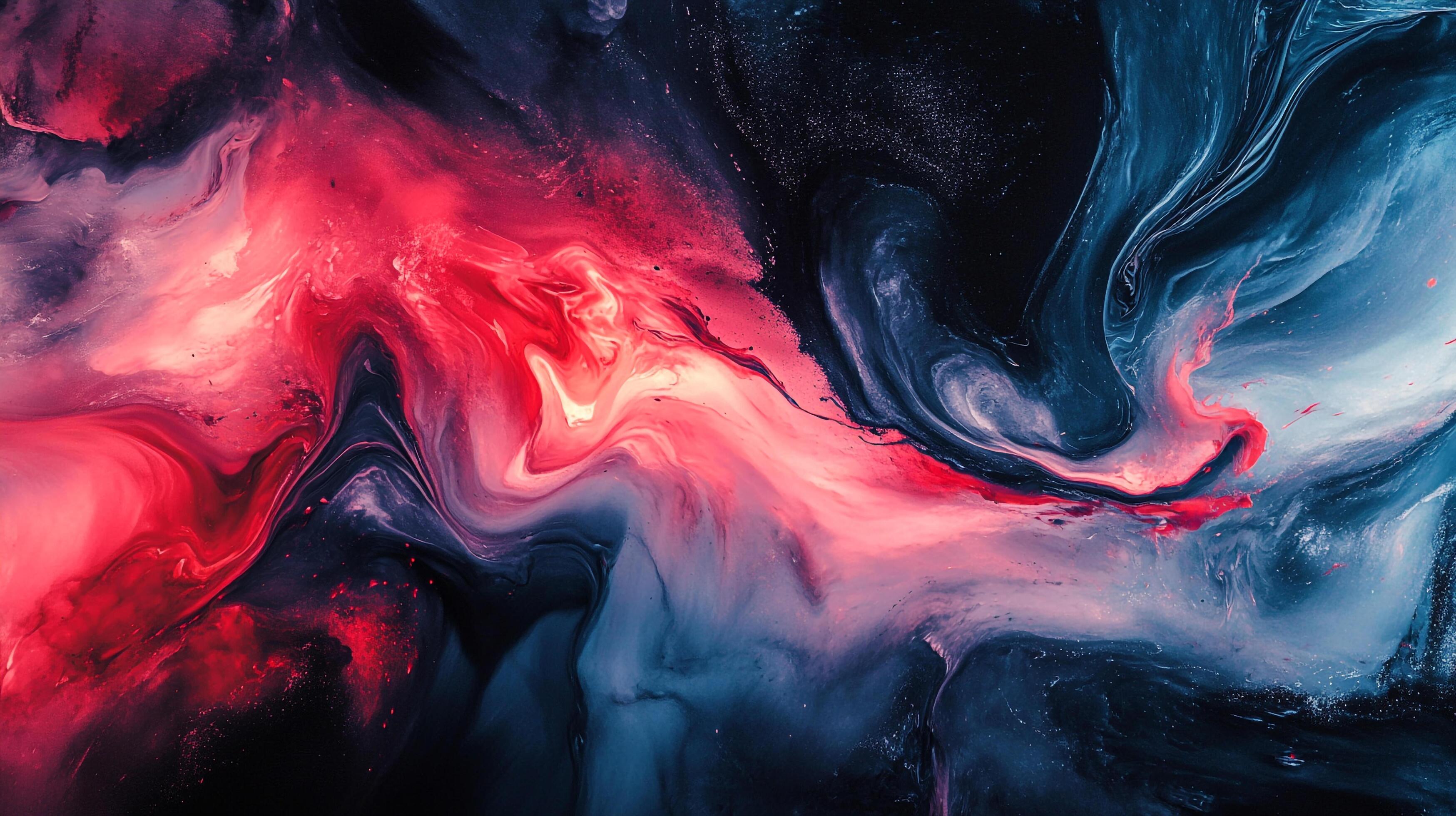 This mesmerizing abstract image bursts with fiery reds and soft blues, portraying the dynamic ...