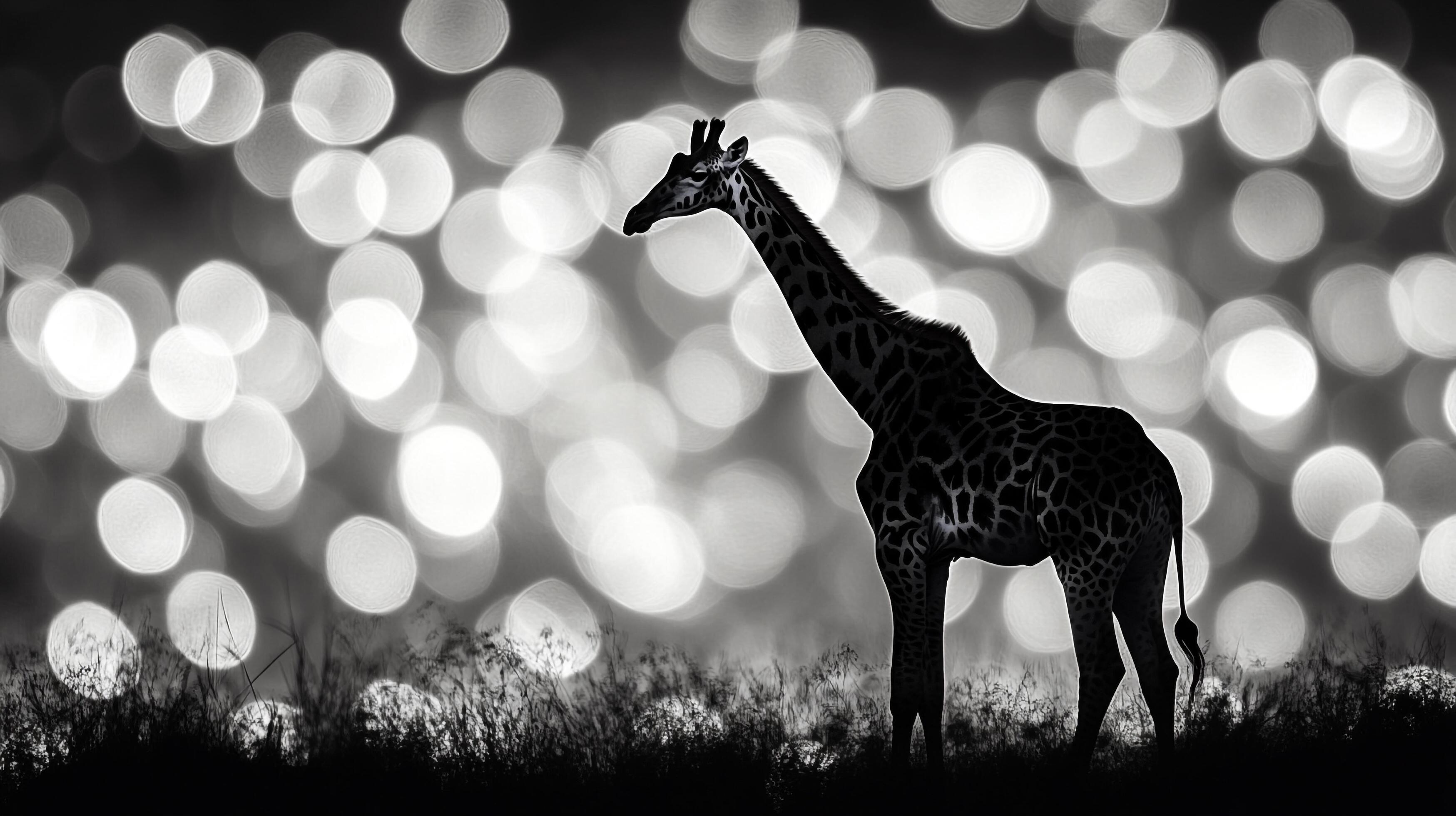 Serene giraffe silhouette in a dreamy, bokeh-lit landscape. Majestic and calm, a symbol of grace ...