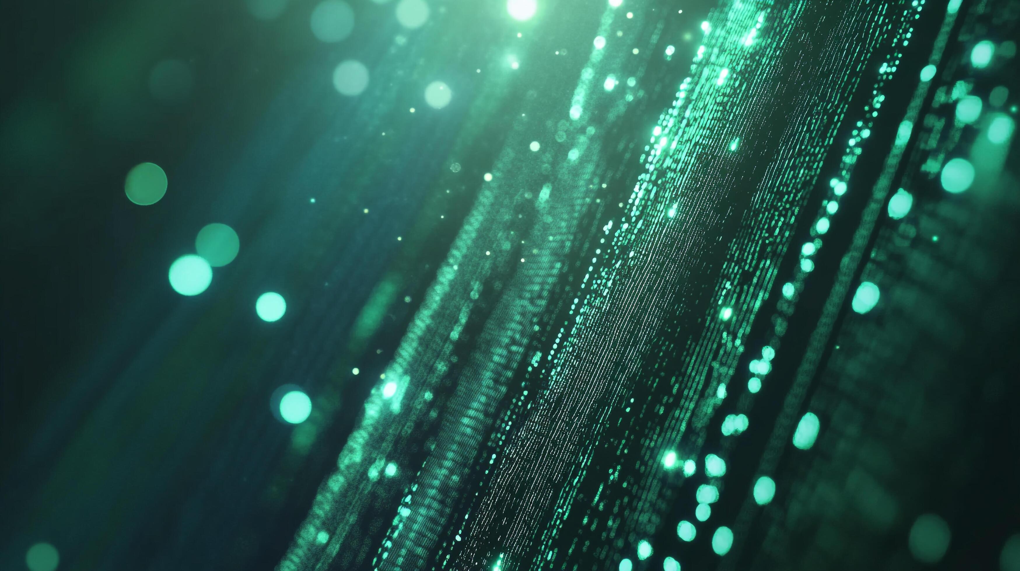 Abstract green data stream with bright light points. A tech-forward representation of digital ...