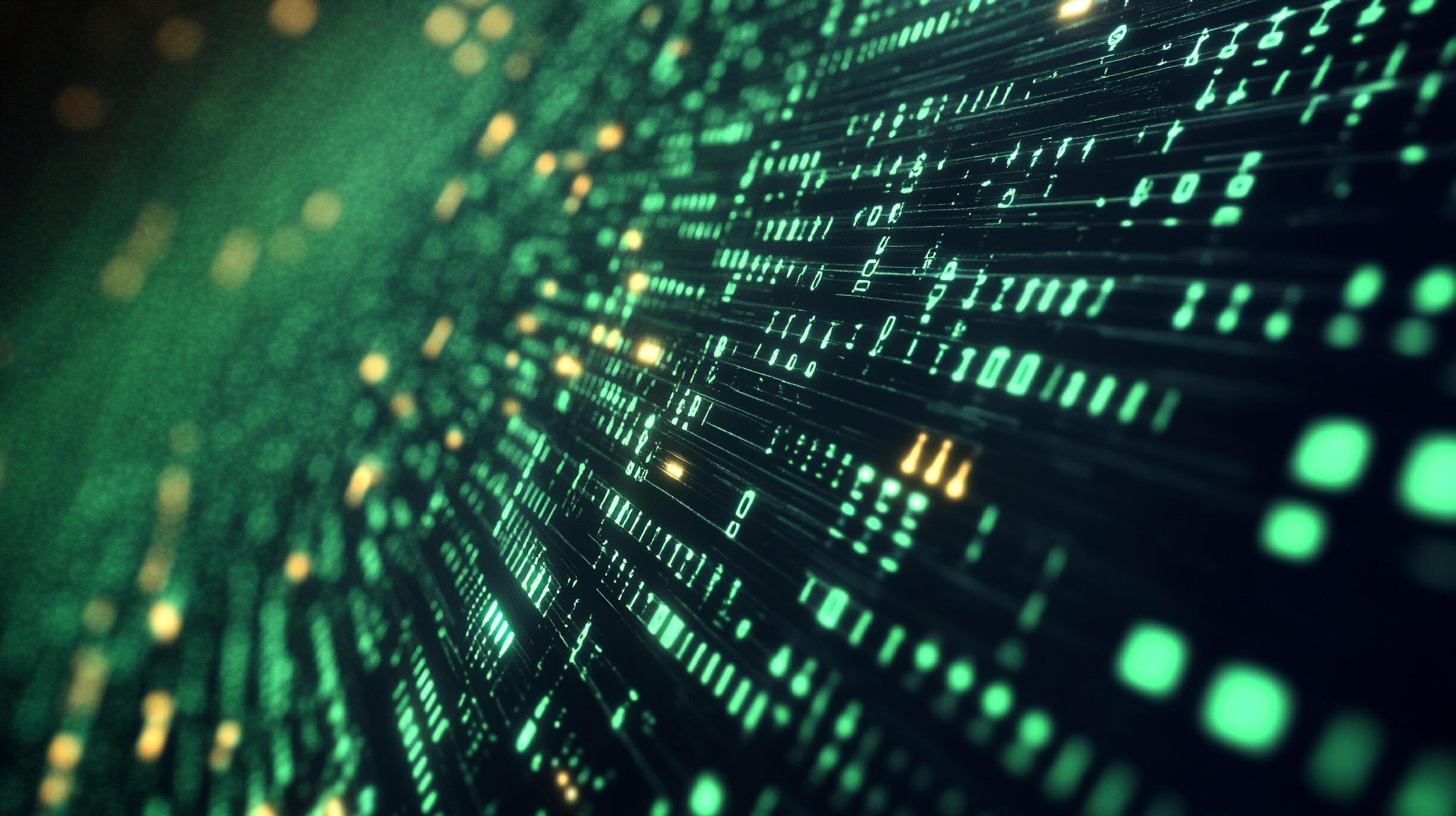 Abstract Digital Matrix Of Green And Yellow Binary Code Symbolizing Data Streams Information