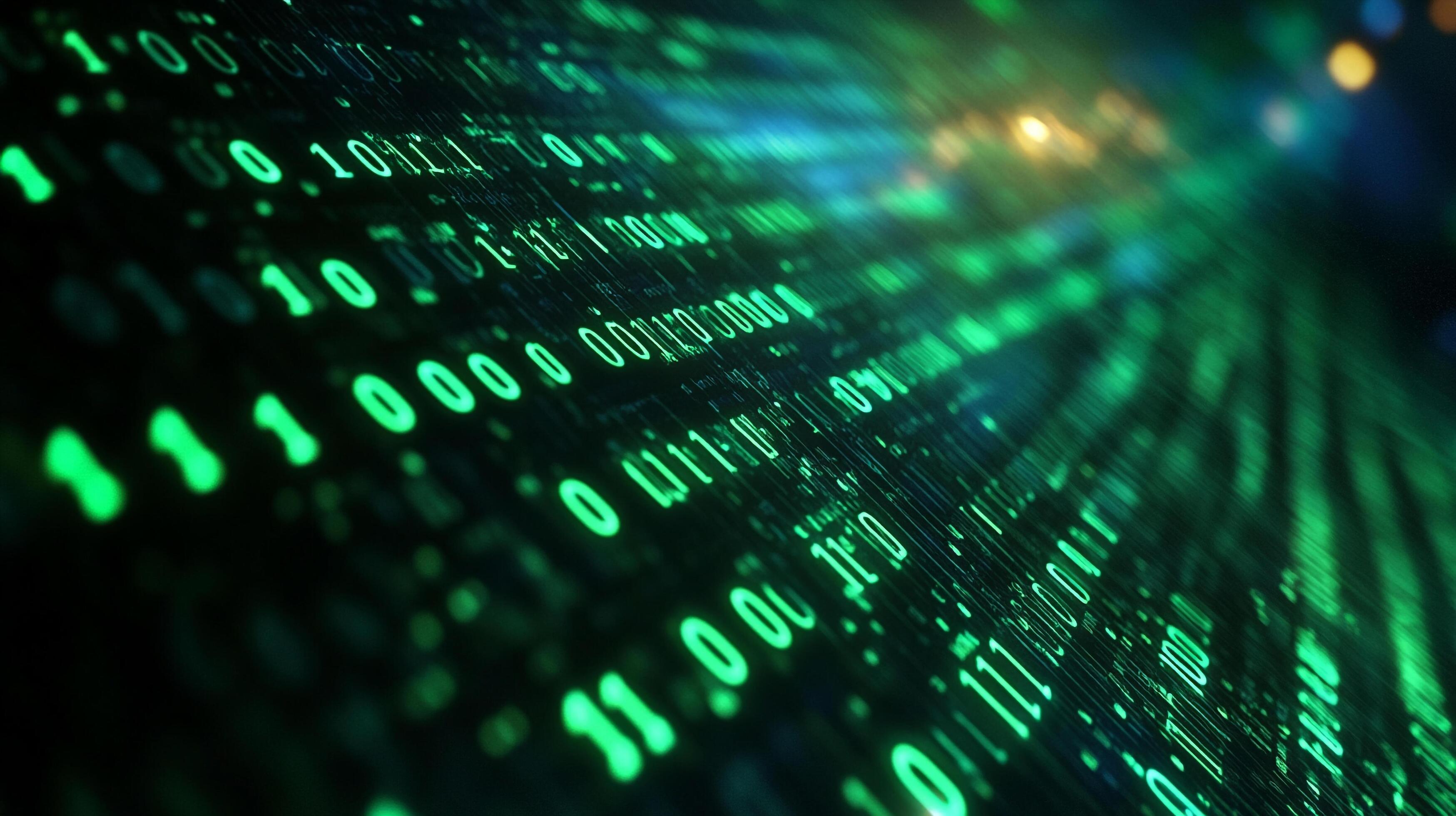 A vibrant stream of binary code cascades down, illuminated in green ...