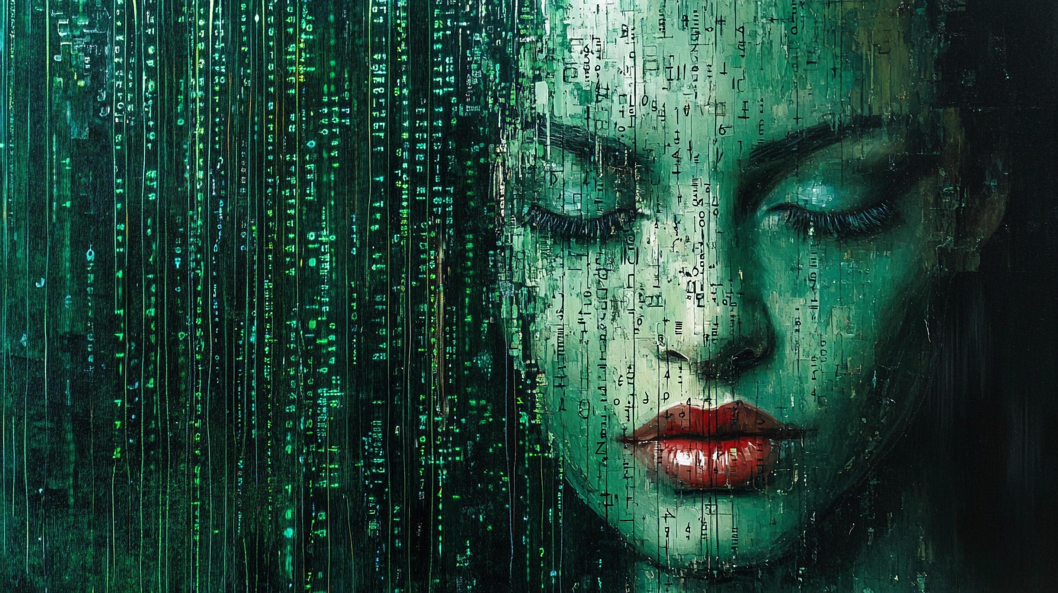 A surreal digital portrait merges a woman's face with cascading lines of code, creating a ...