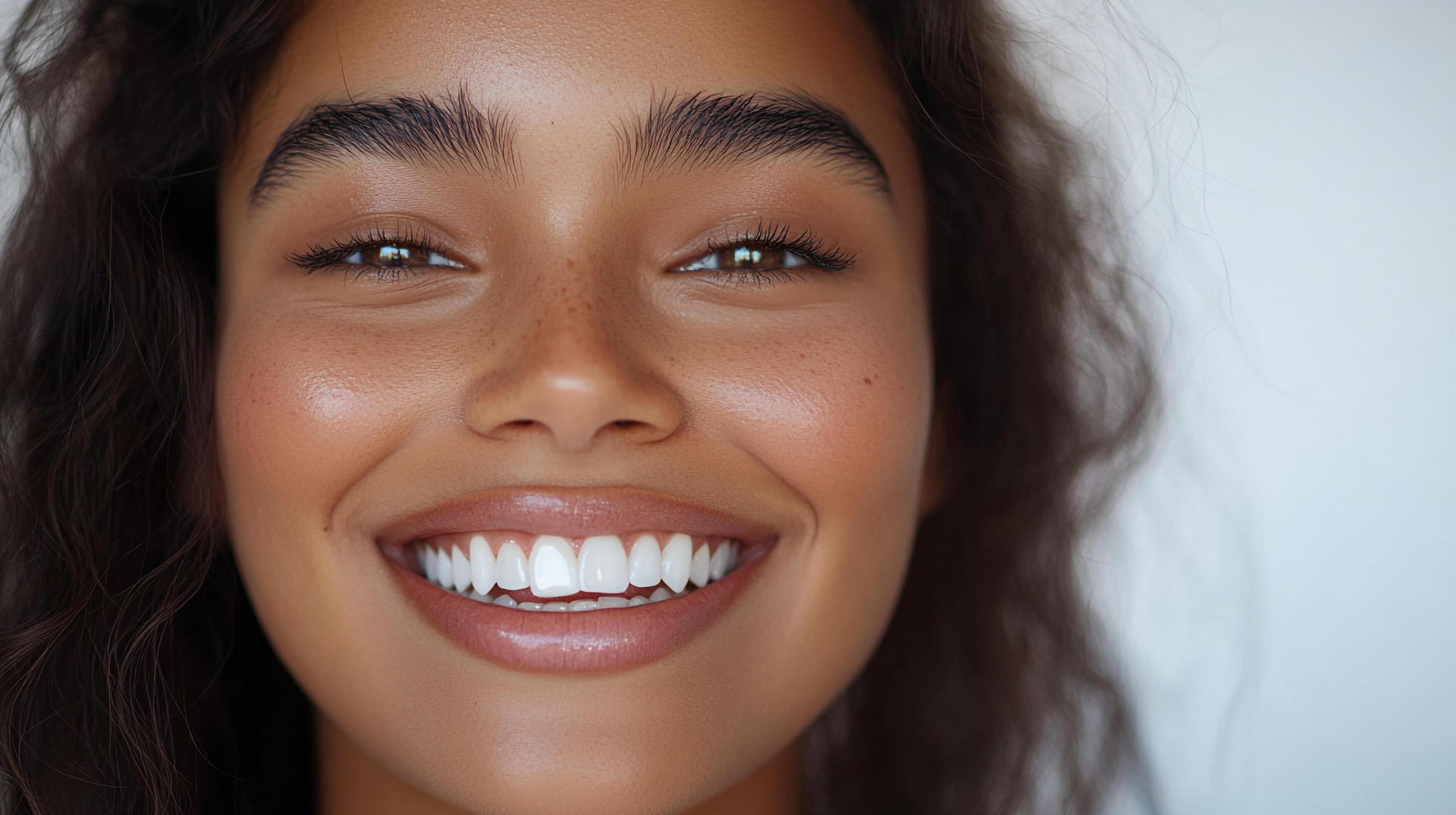 Radiant smile and flawless skin capture youthful beauty, showcasing natural features and healthy ...
