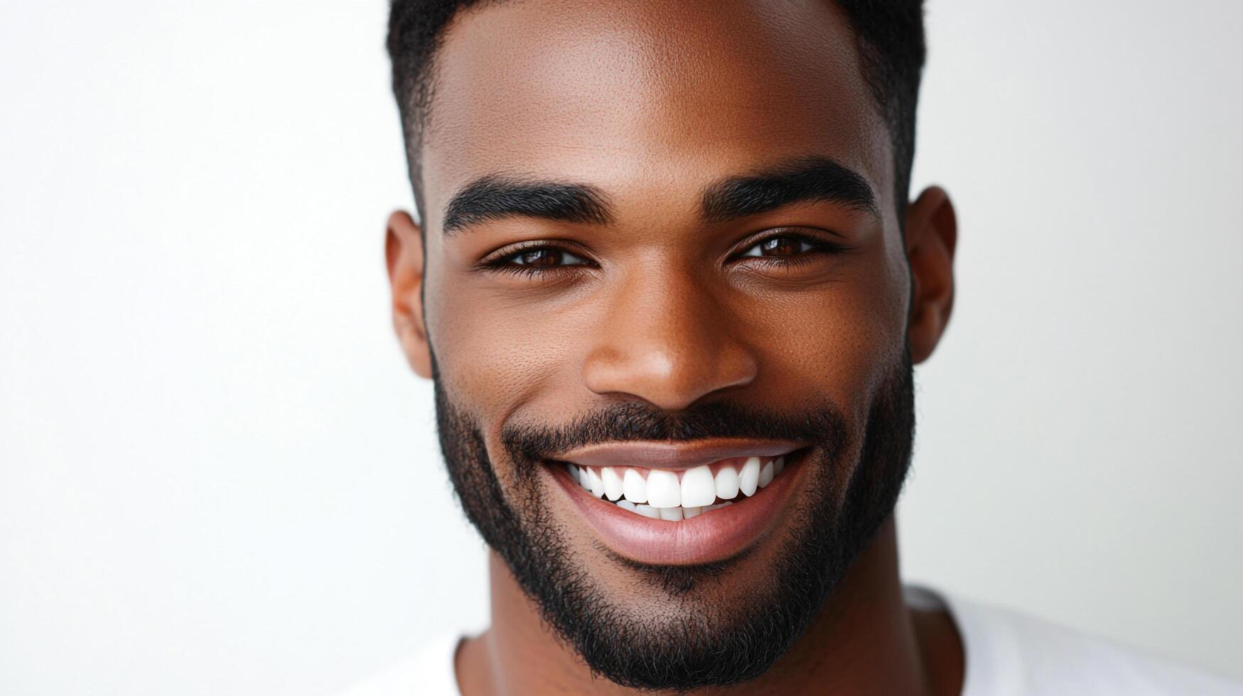 Close-up of a smiling man with perfect teeth and a neatly groomed beard ...