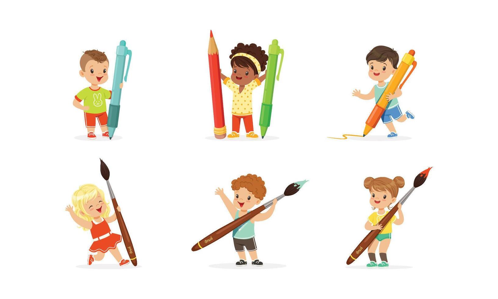 Cute Young Children Holding Big Pencils and Pens 57310780 Vector Art at ...