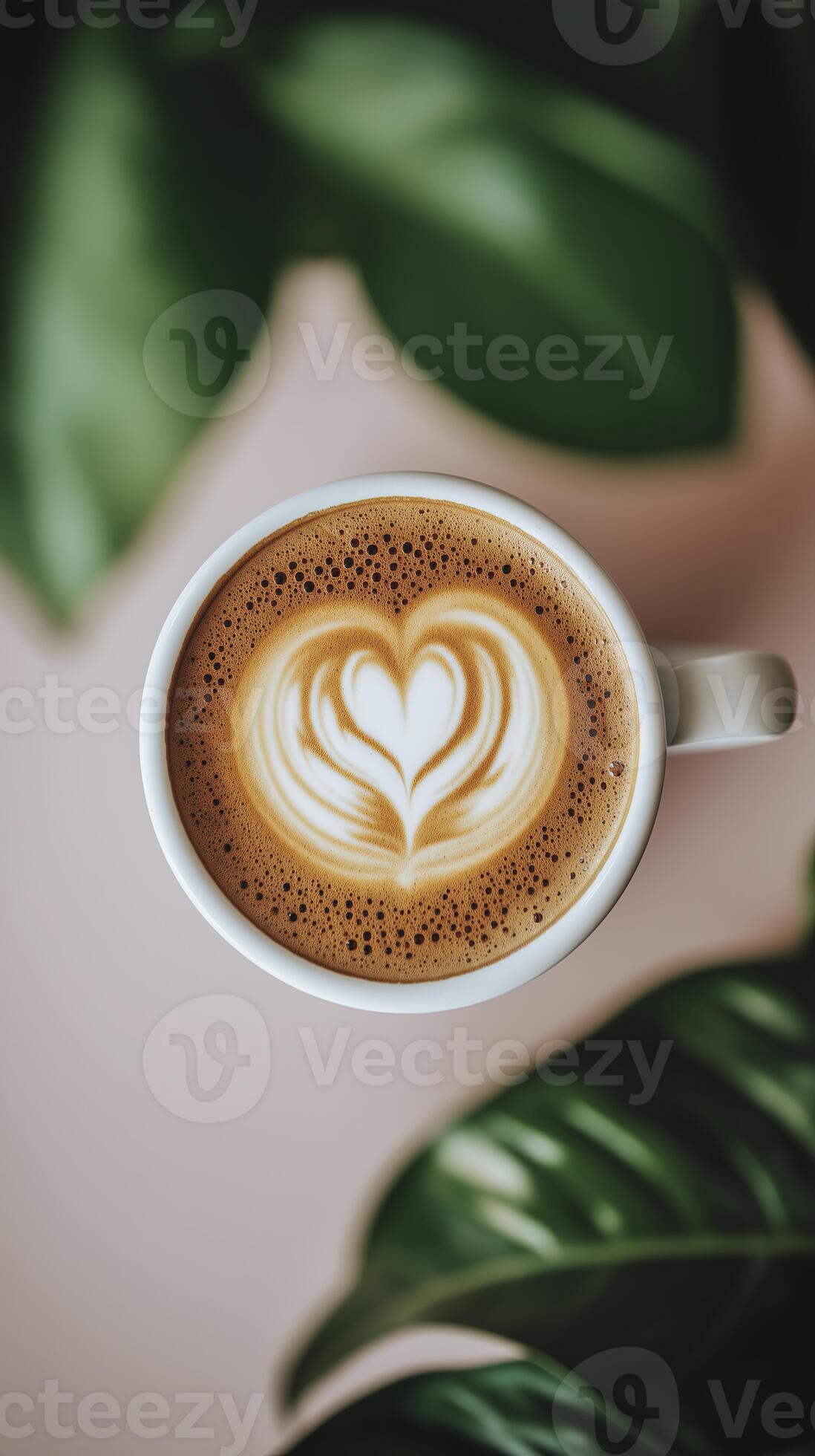 photo of artful latte in white cup with heart design, surrounded by green leaves, evokes warmth ...
