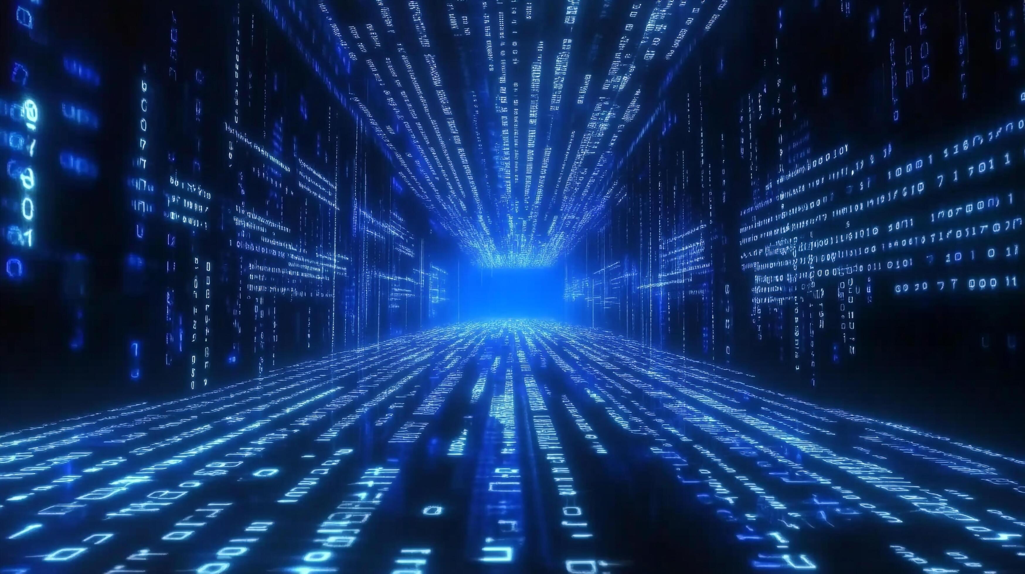 Futuristic digital tunnel with blue binary code streaming, representing data flow and advanced ...