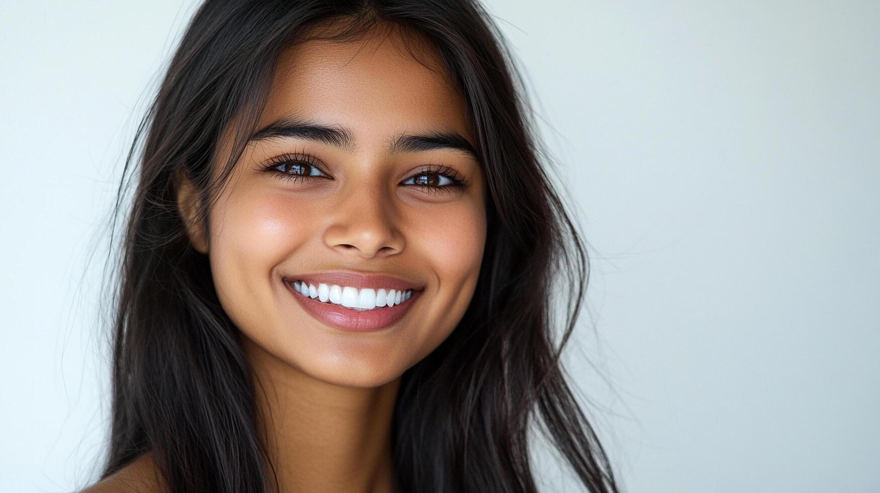 A woman with dark hair is smiling and showing her teeth. She has tan skin and brown eyes. The ...