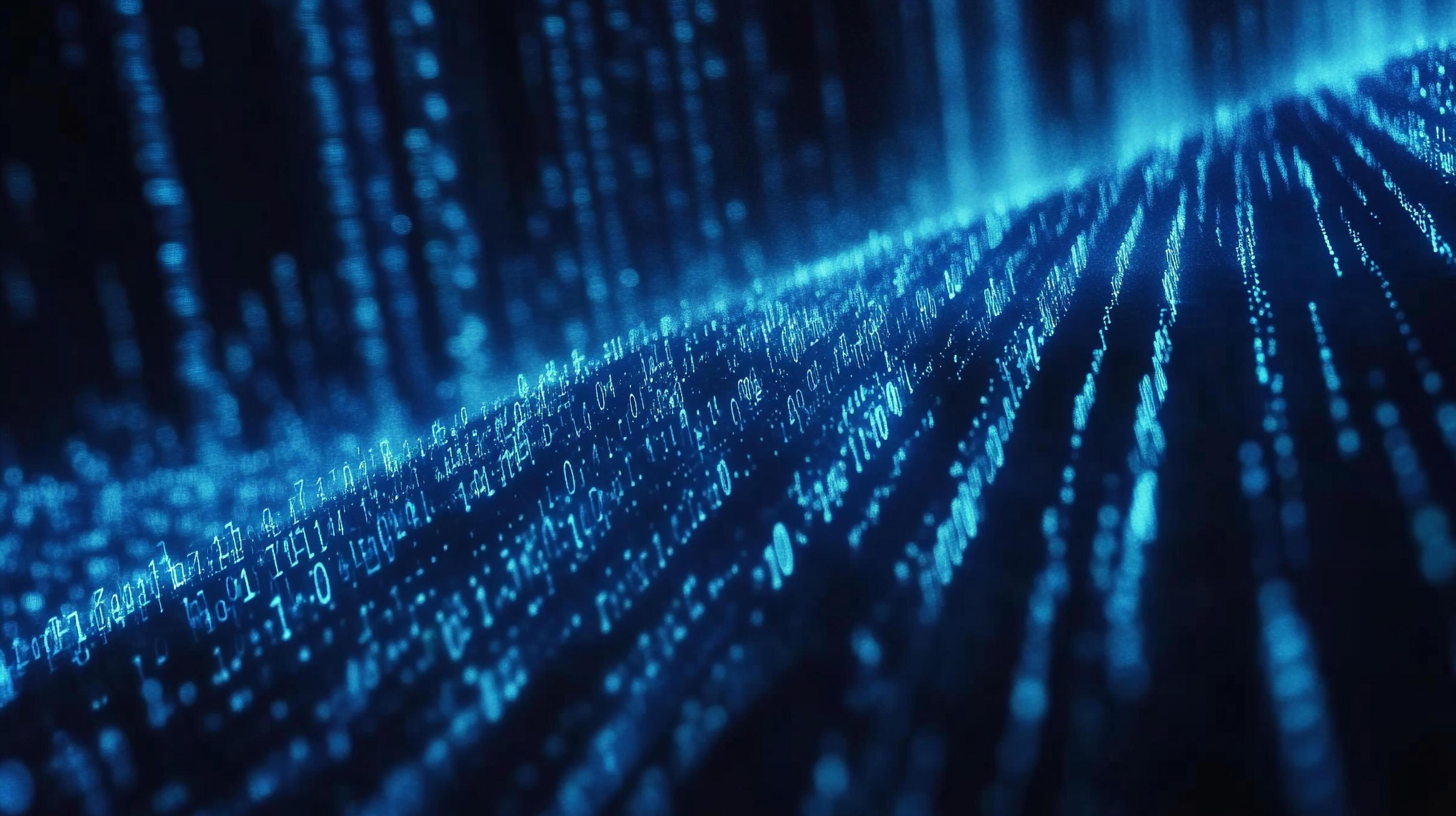 Abstract representation of digital data with binary code, creating an immersive and futuristic ...