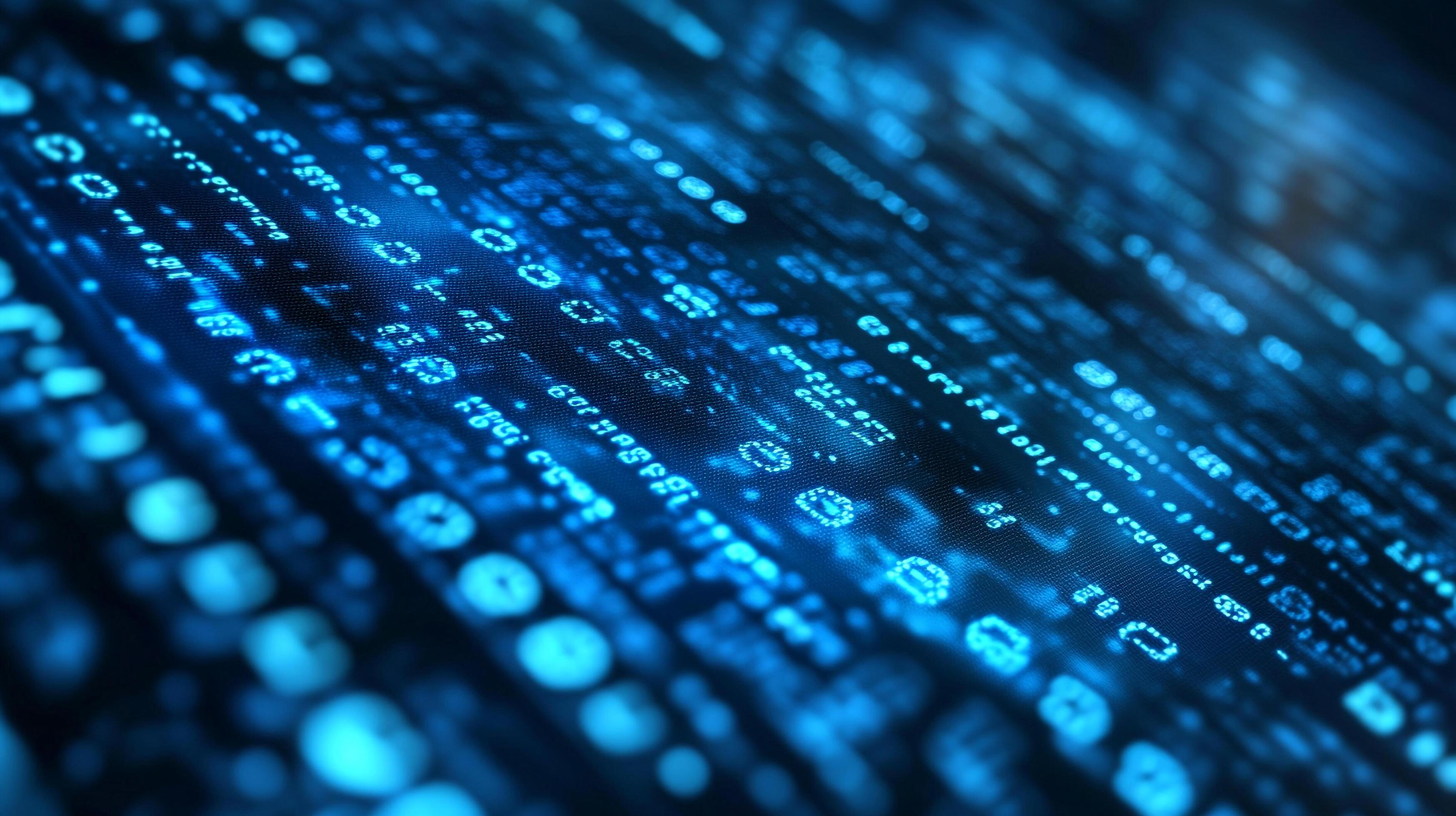 A vibrant blue matrix of digital data streams across the screen, symbolizing the complexity and ...