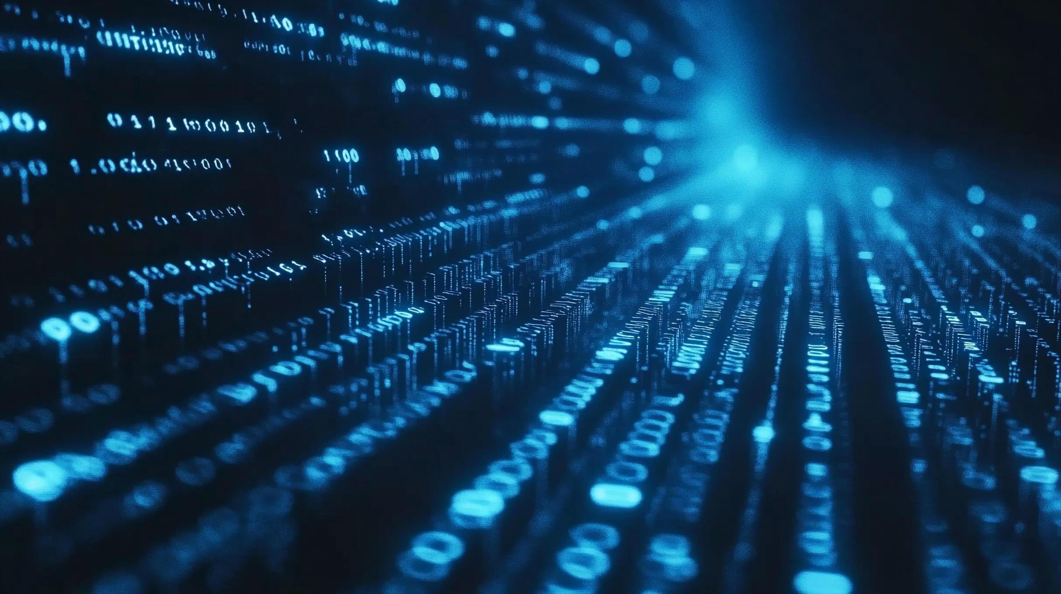 Blue Digital Data Stream Binary Code Flowing Across The Screen Technology And Big Data Concept