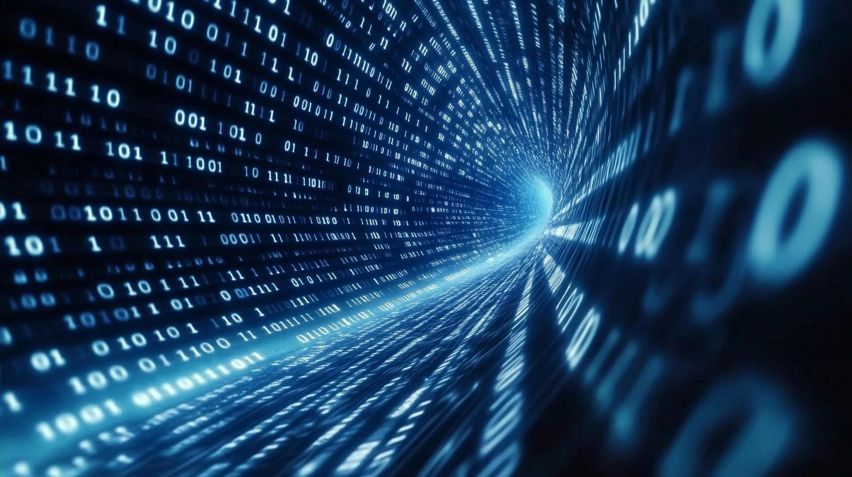 Abstract tunnel of digital data streams, illuminated in blue, representing information flow ...