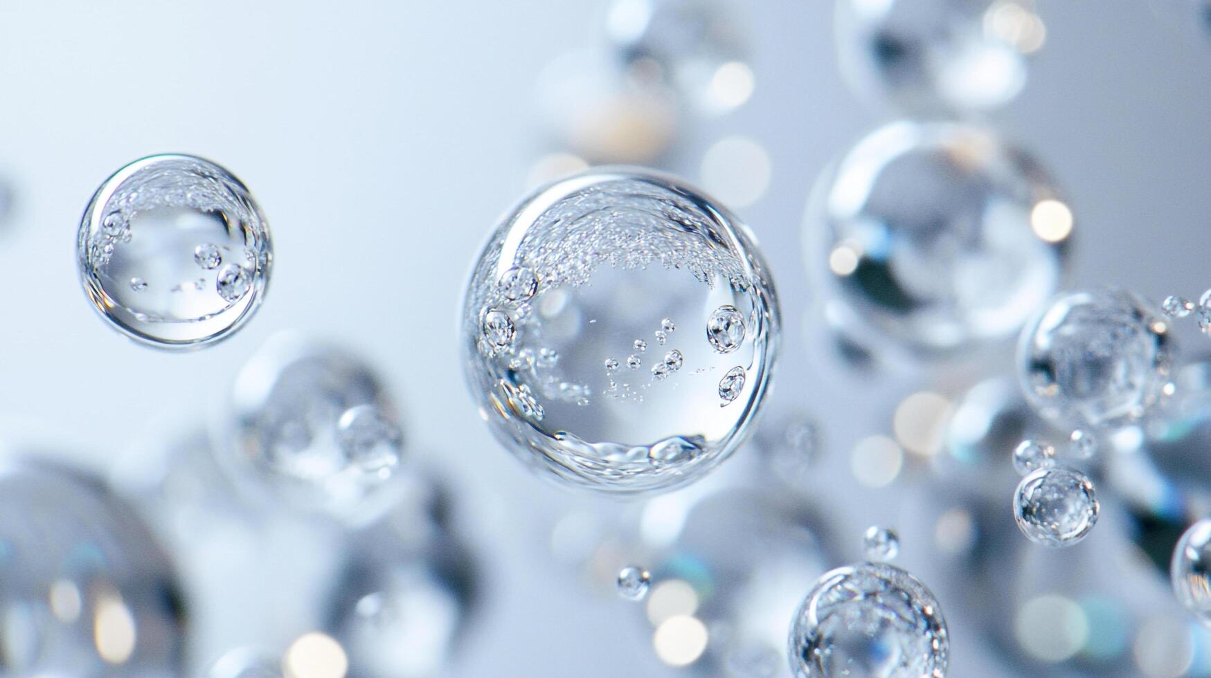 Floating orbs of transparent liquid with internal bubbles, showing ...