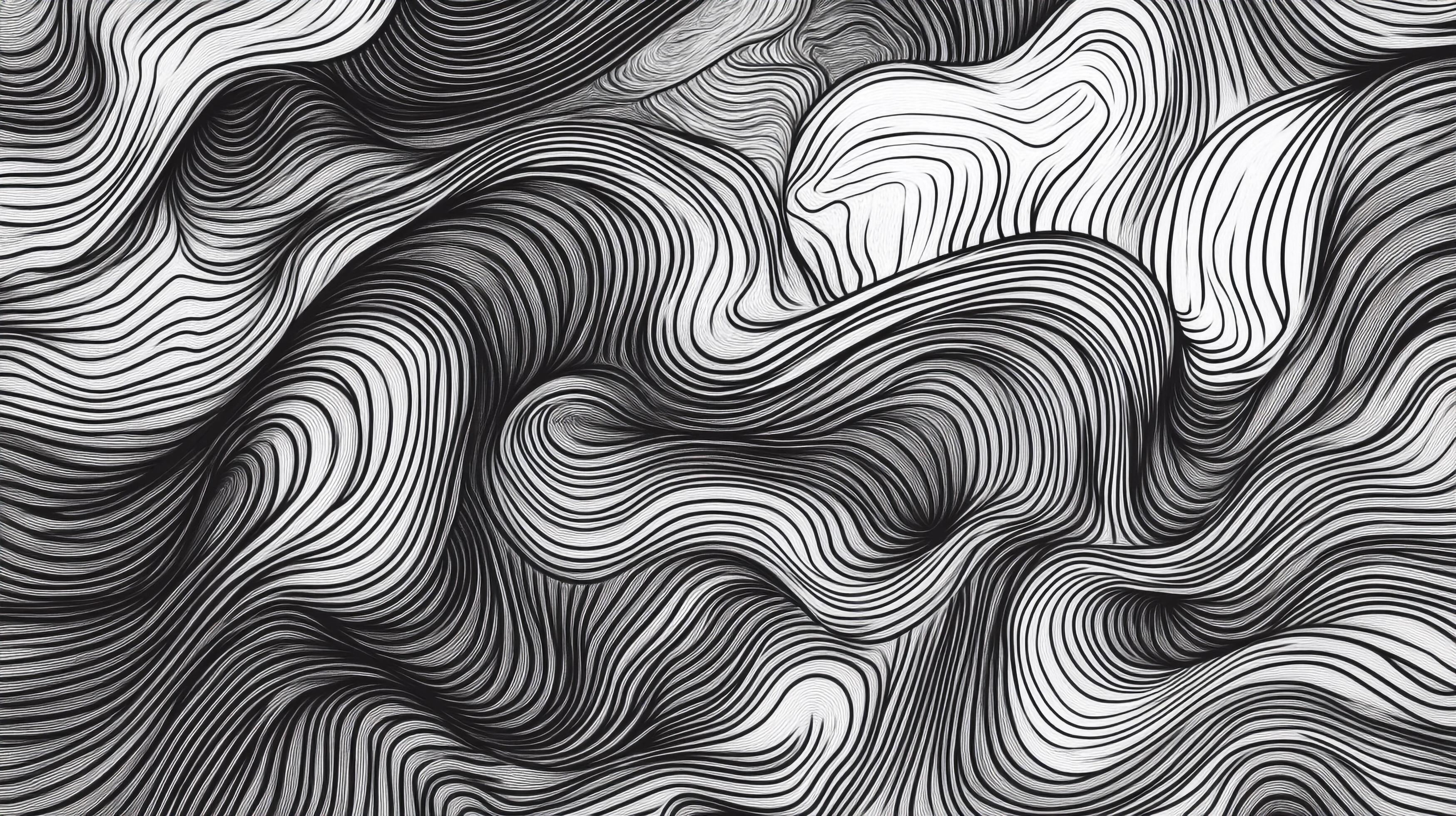 A black and white abstract design with undulating, parallel lines that create a fluid, dynamic ...