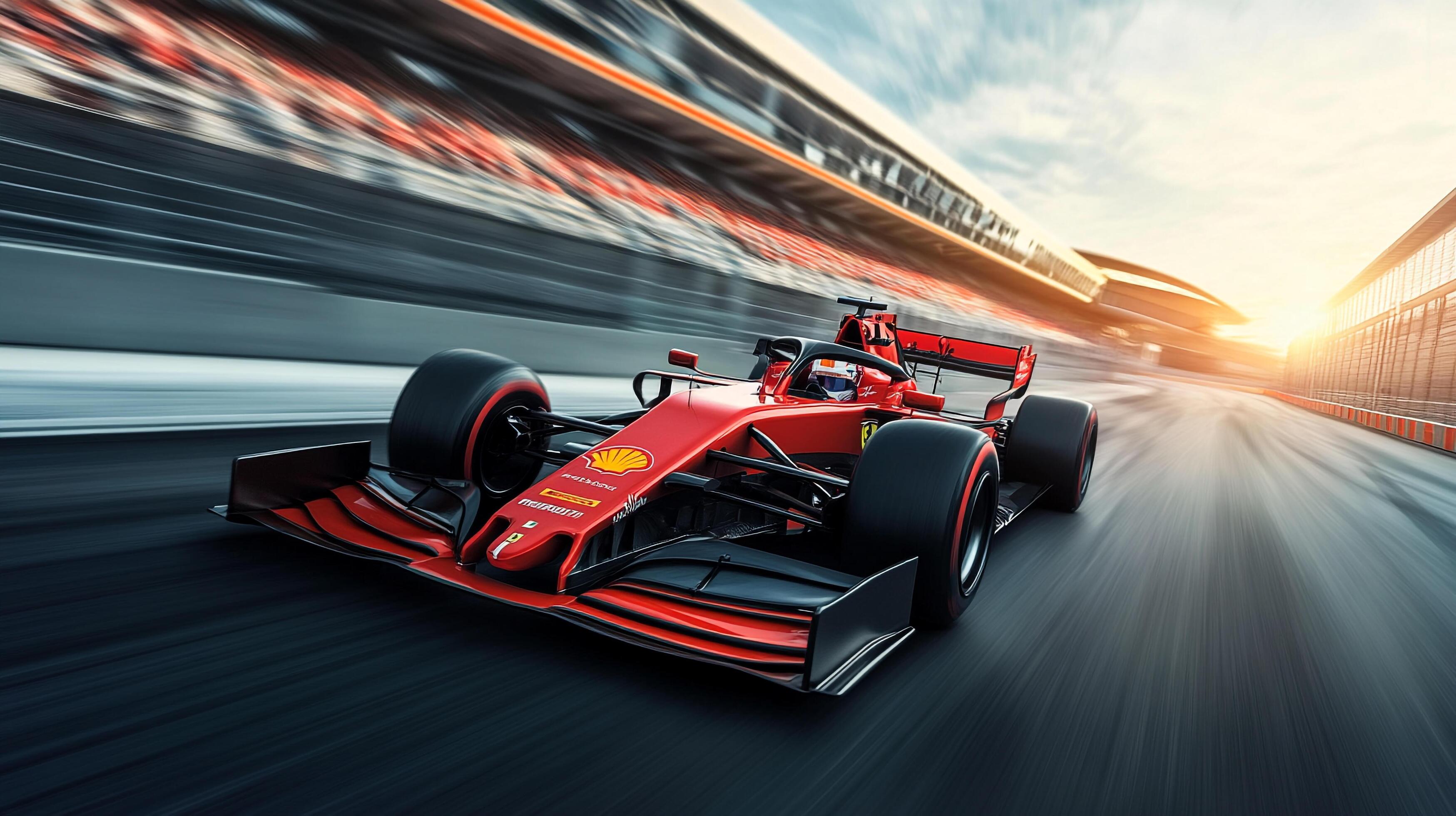 A sleek red race car speeds around a track. Motion blur suggests extreme velocity. A thrilling ...
