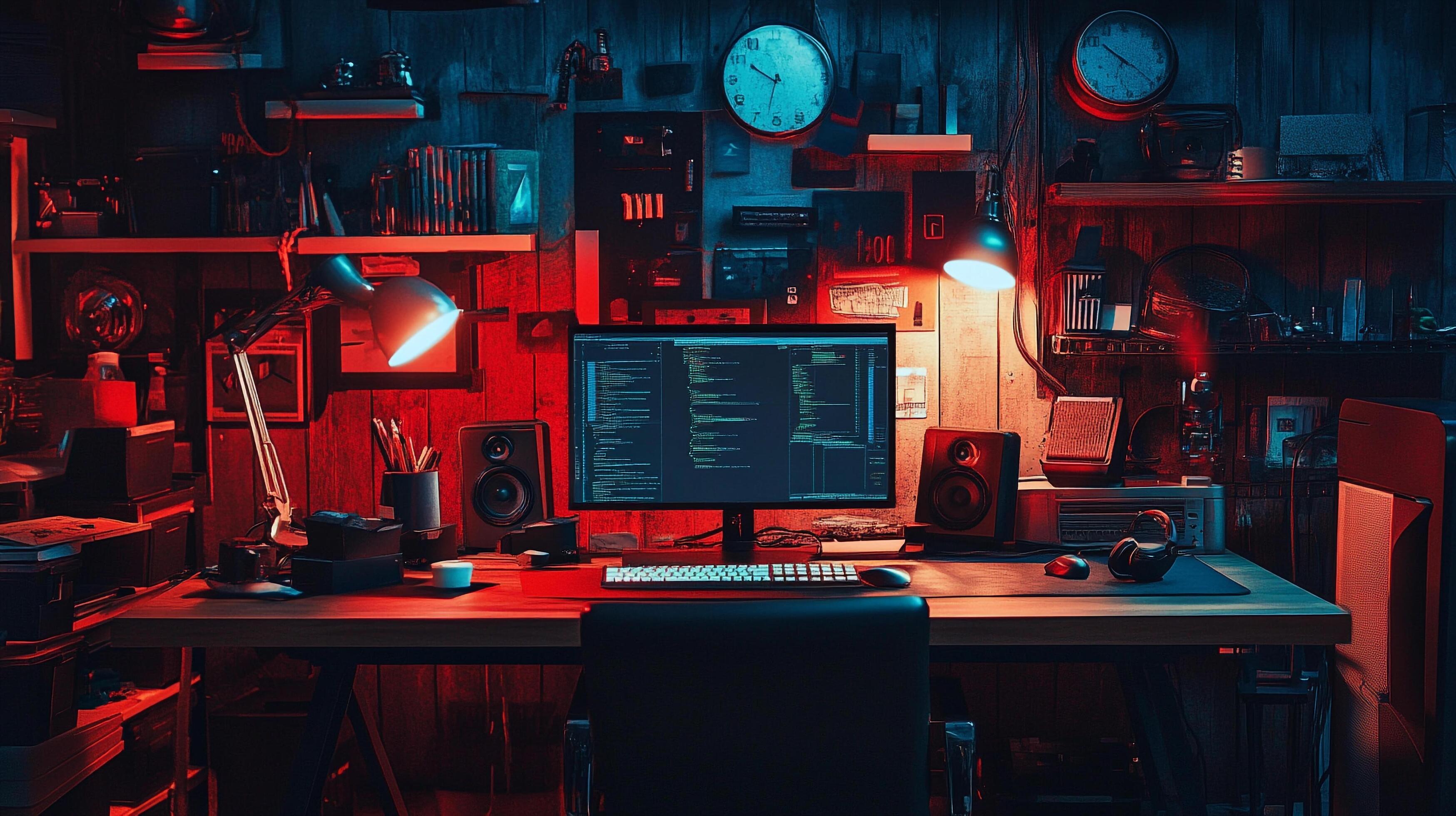 Dimly lit computer setup with code on screen, desk lamps, speakers ...