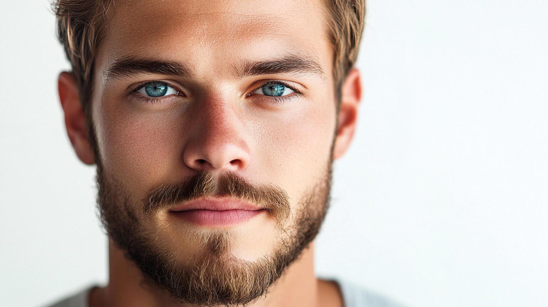 Focused portrait of a fair-skinned man with a neatly trimmed beard and ...