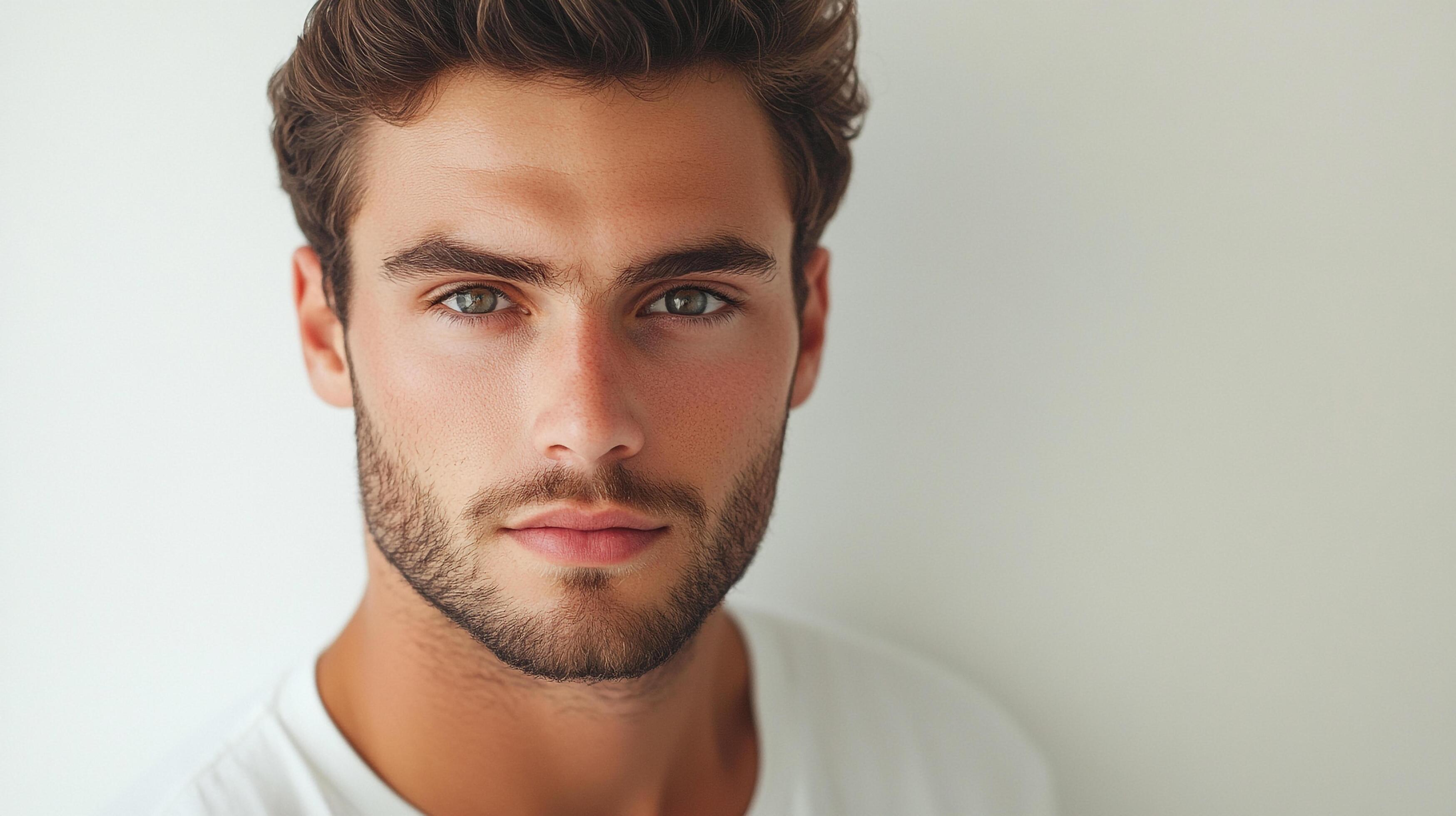 Close-up studio portrait of a handsome man with a stylish haircut ...