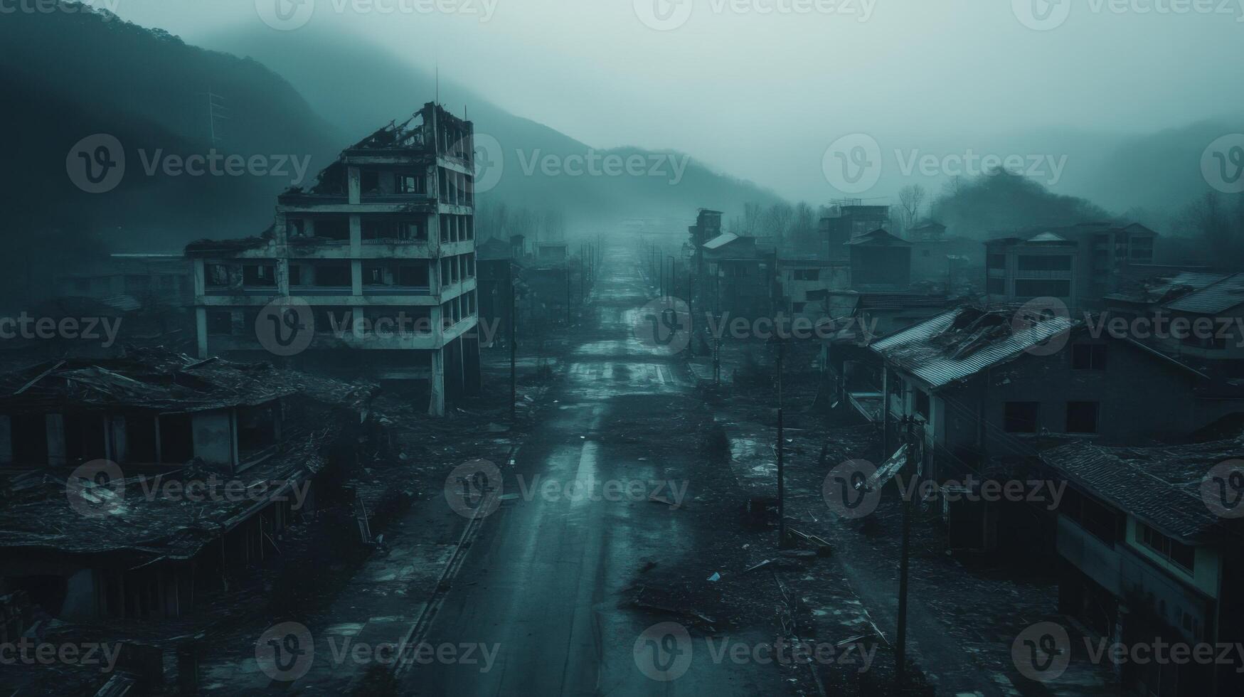 Destroyed City Landscape. Abandoned Buildings in Ruins. Apocalypse Aftermath View. Dark and ...