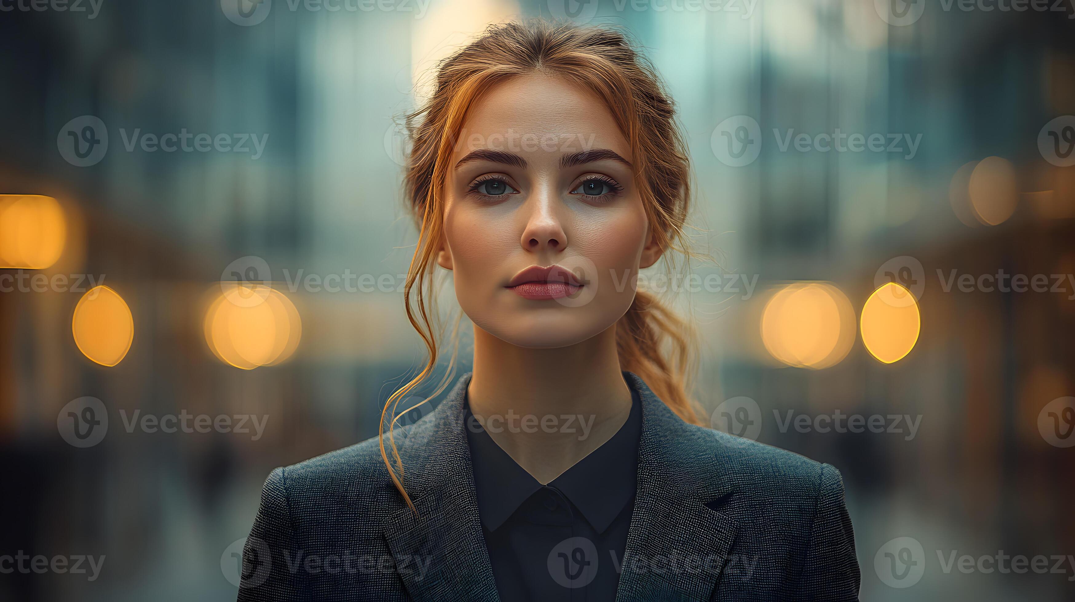 Businesswoman confidently walking into a corporate building, strong career focus urban ...