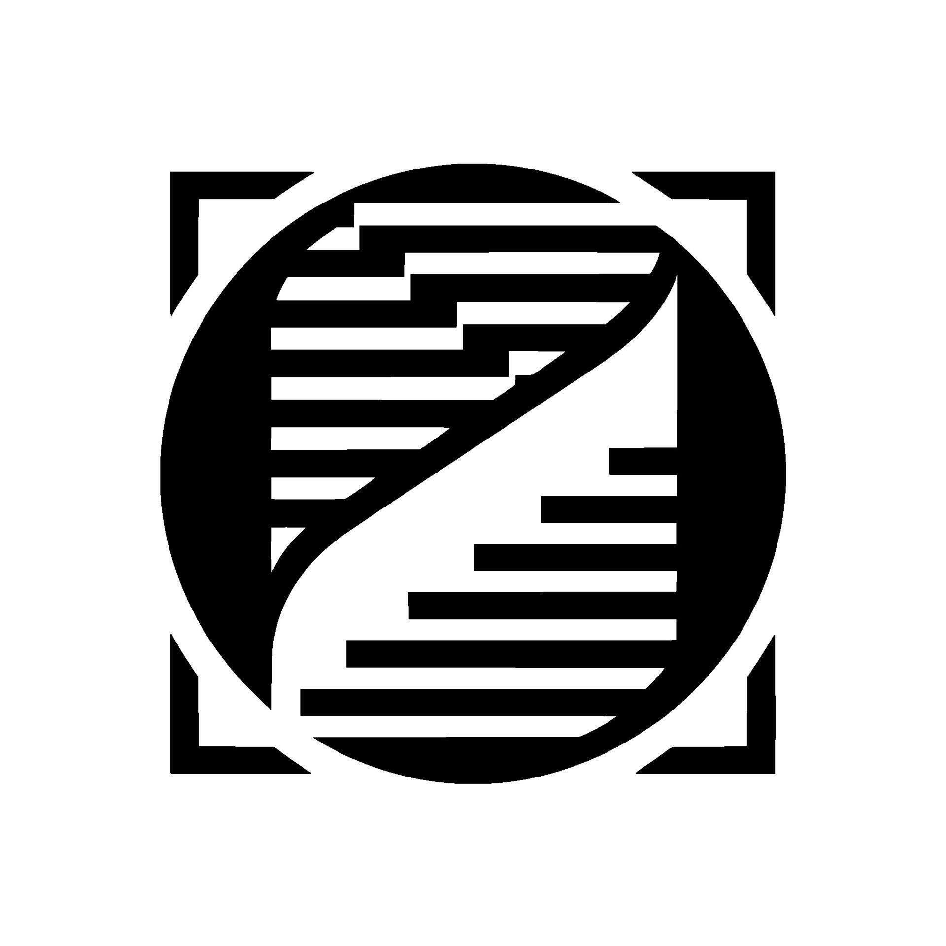 Geometric monochrome featuring stacked horizontal lines and a split leaf shape within a circle ...