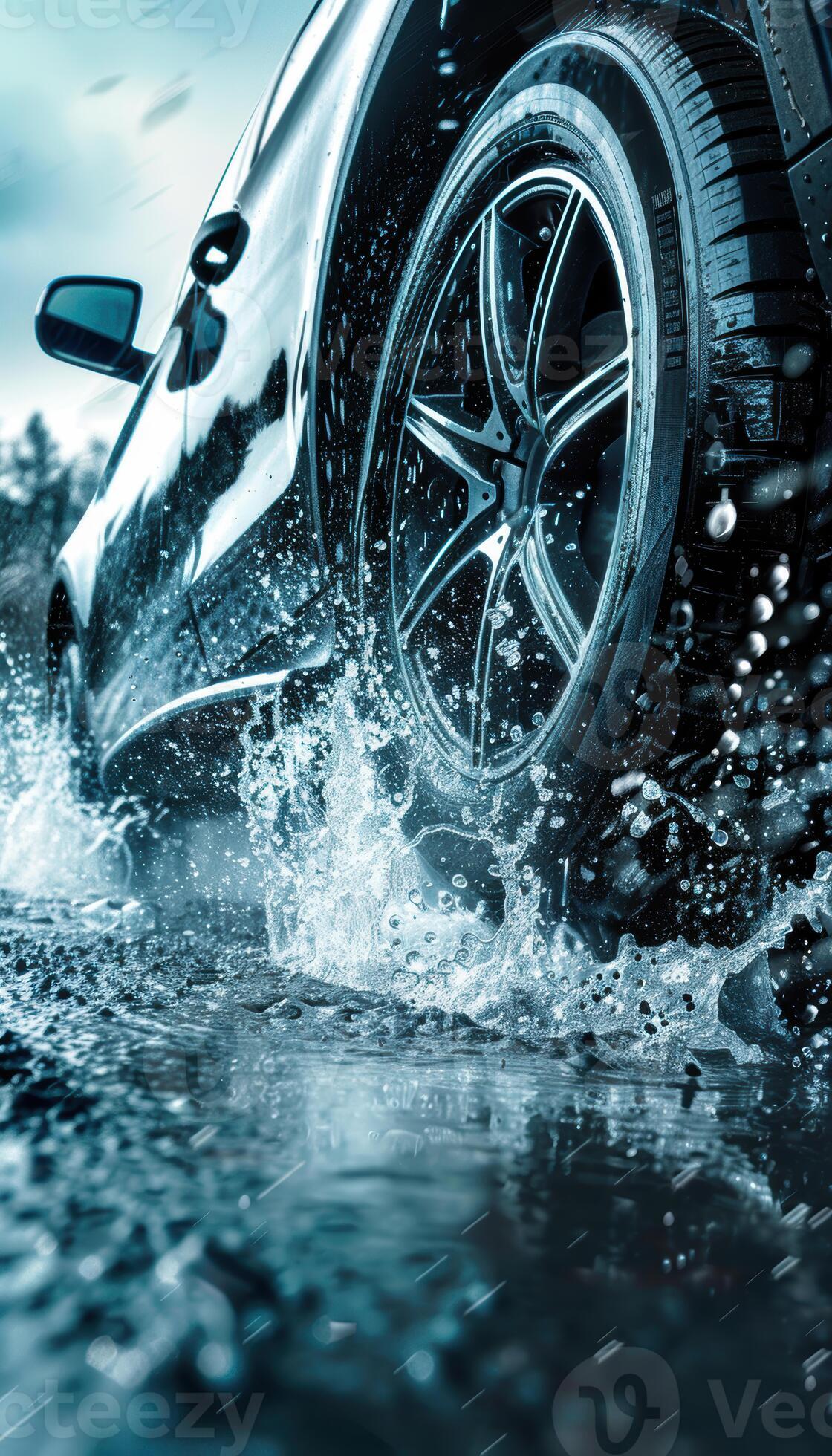 Dynamic Car Tire Driving Through Puddle Showcasing Superior Wet Condition Traction 57415539 ...