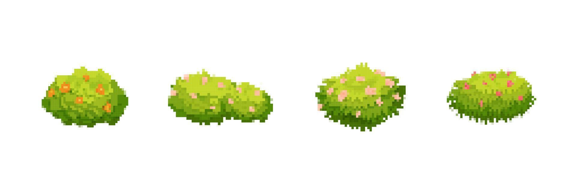 Pixel art green bushes with flowers in different shapes and sizes for game design assets ...
