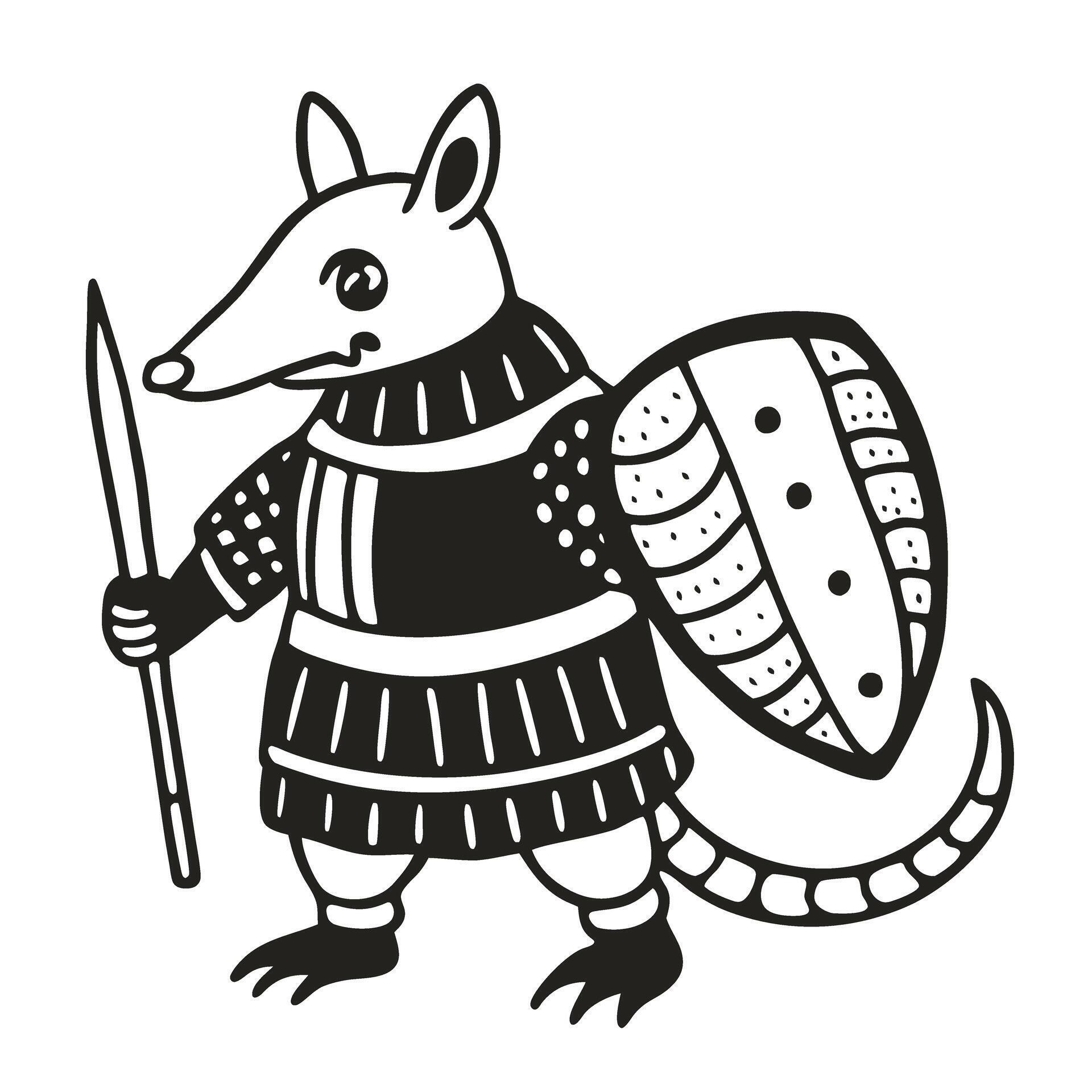 armored armadillo warrior illustration animal in medieval armor with spear and shield, black and ...