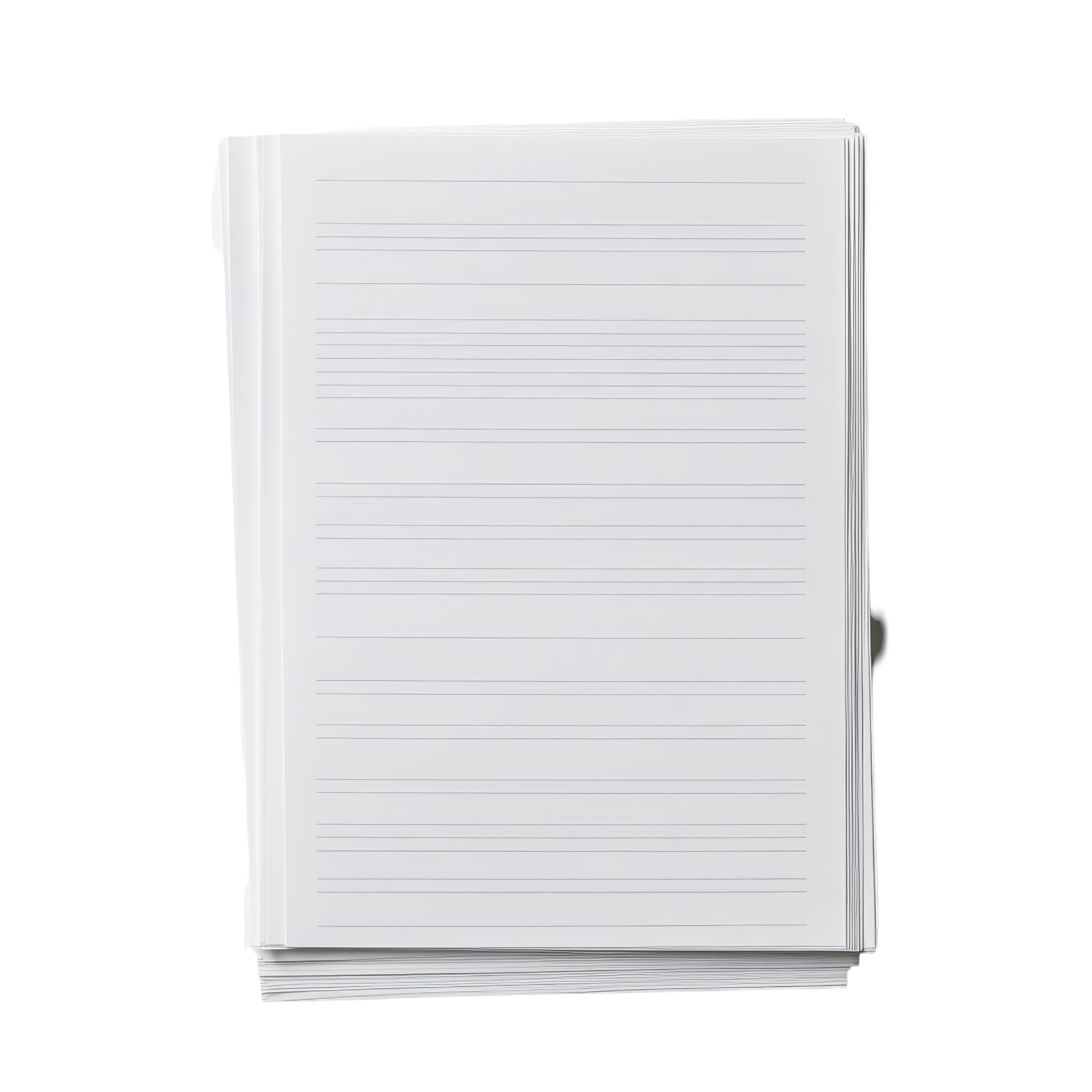 Blank lined notepad pages stacked neatly on a plain transparent ...